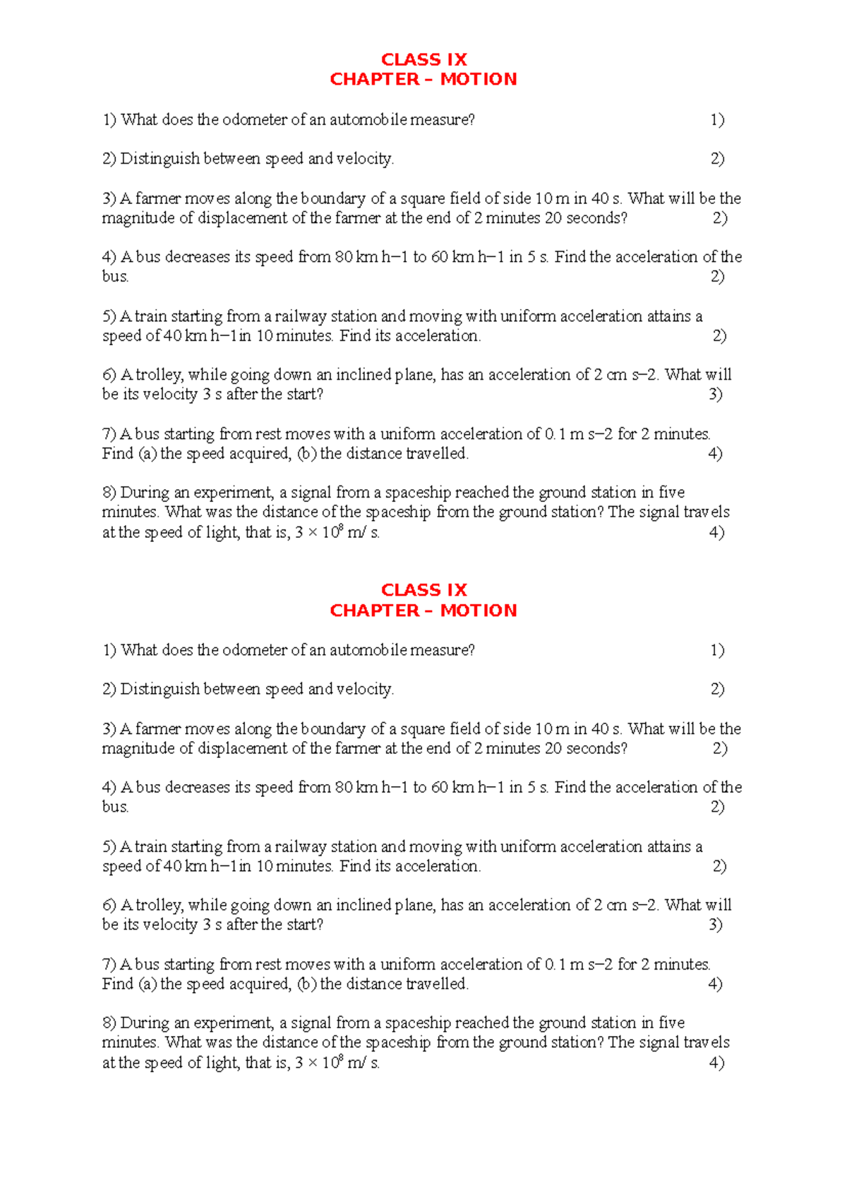 TEST Paper Class IX Science Motion - CLASS IX CHAPTER – MOTION What ...