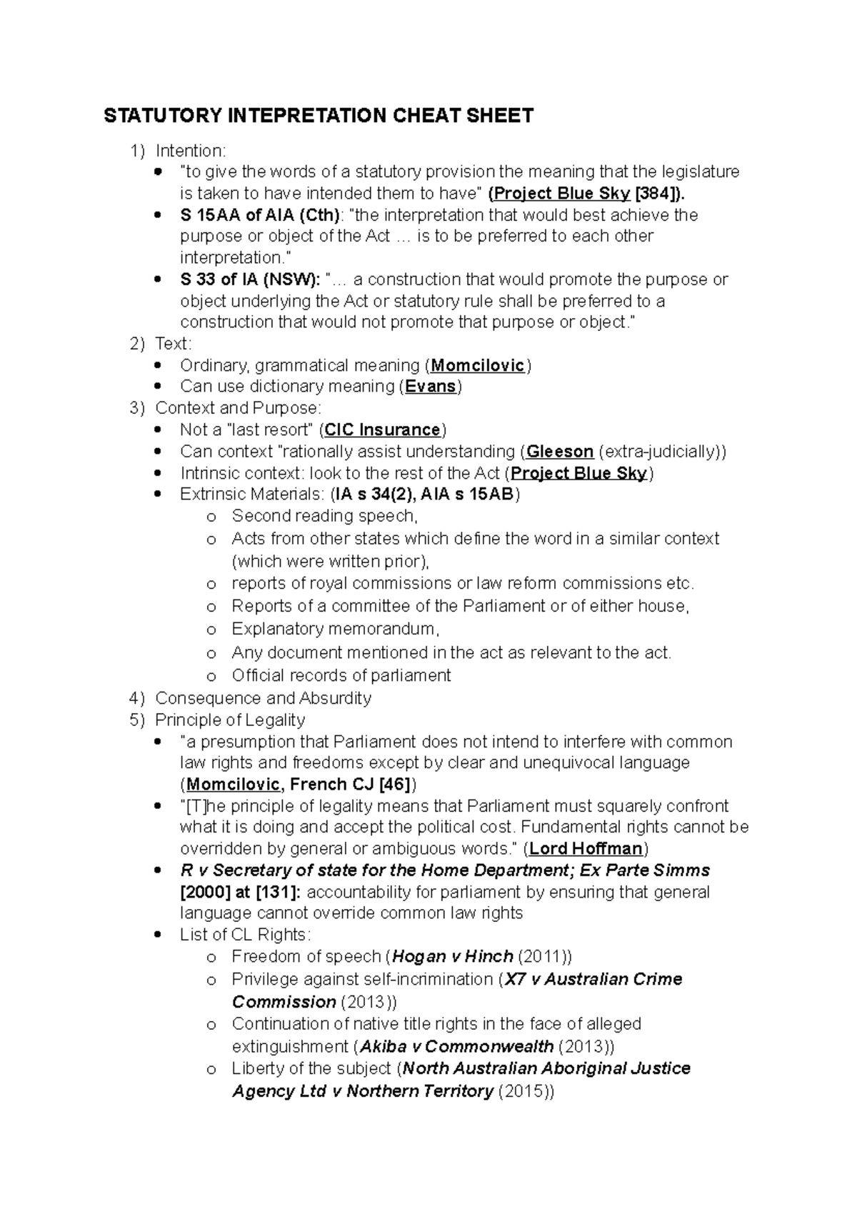 STATUTORY INTERPRETATION CHEAT SHEET: Key Principles & Cases - Studocu