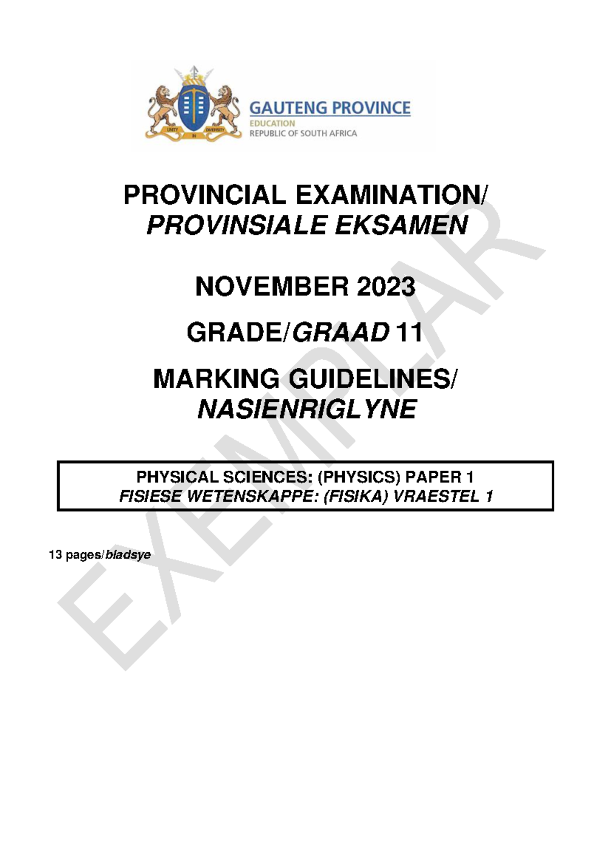 2023 G11 Physical Sciences P1 Nov Exam Marking Guidelines - Studocu