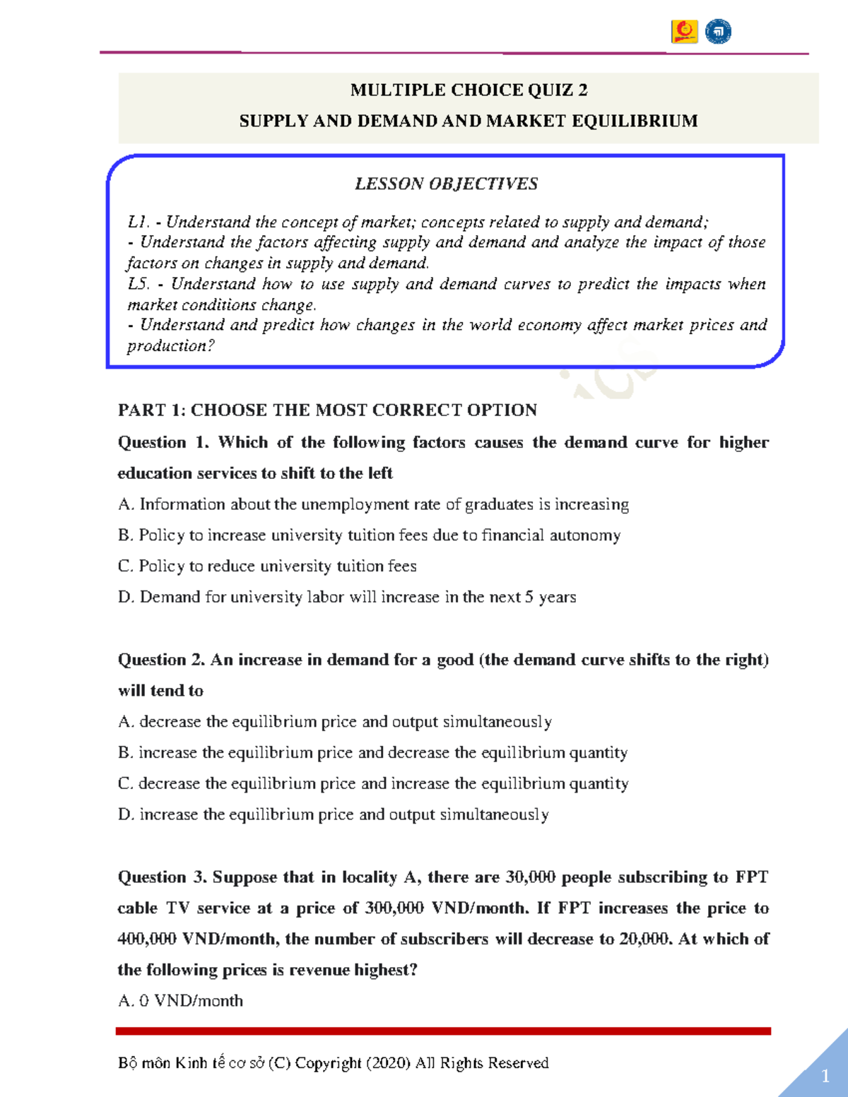 MULTIPLE CHOICE QUIZ 2: SUPPLY, DEMAND & MARKET EQUILIBRIUM - Studocu