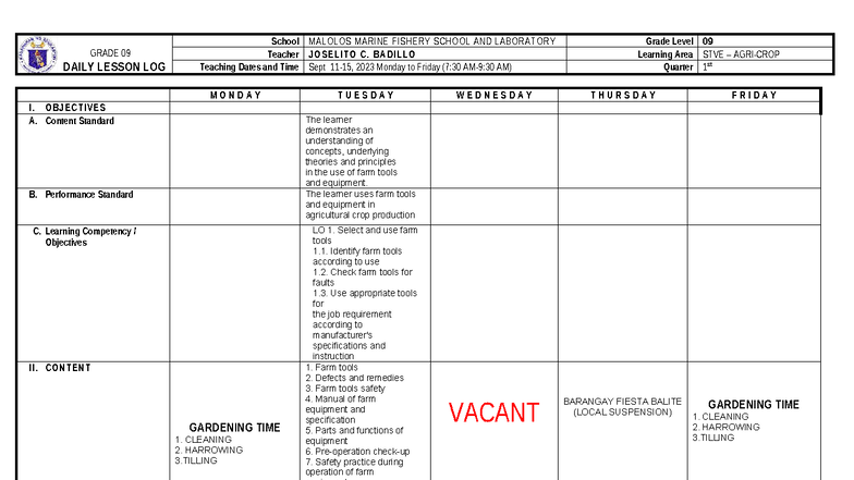GRADE 09 DLL: Agricultural Tools & Equipment Lesson Plan - Studocu