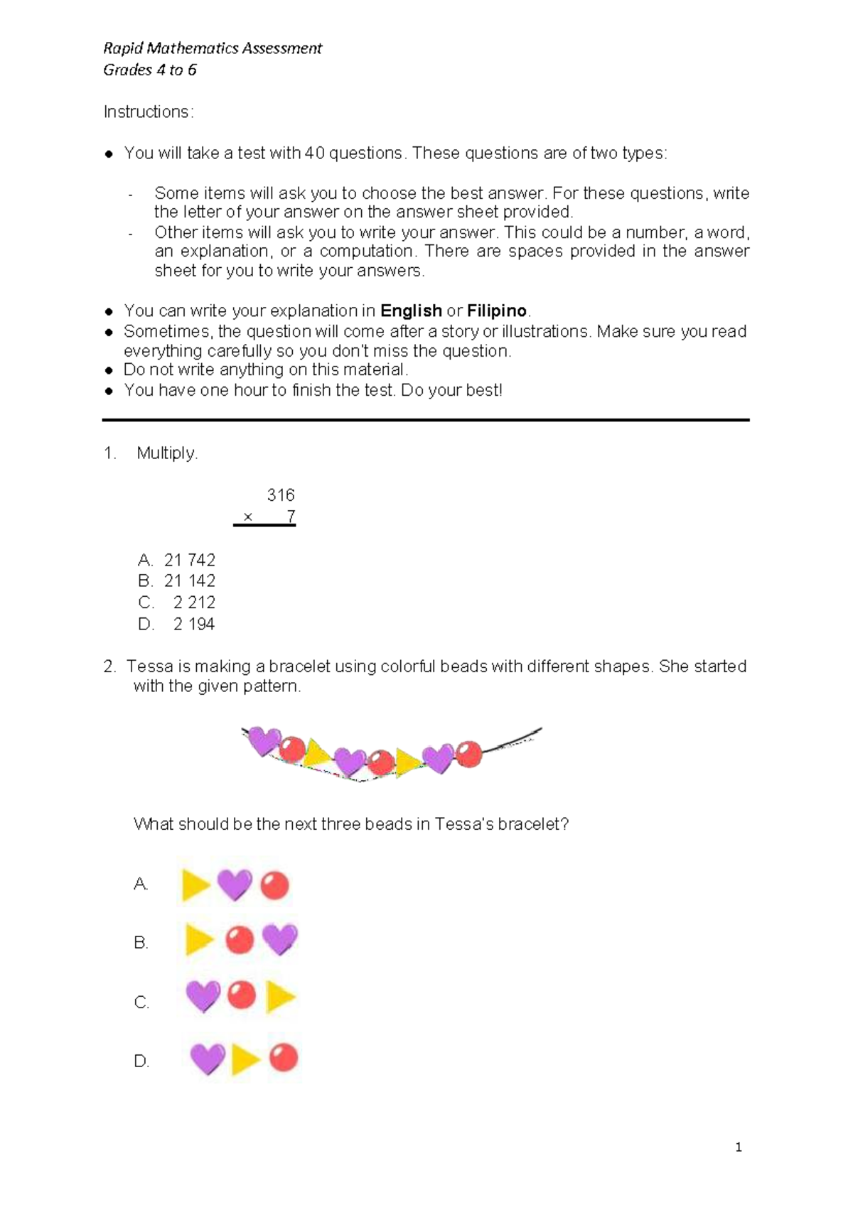 Rapid Math Assessment for Grades 4-6: Test Instructions and Questions ...