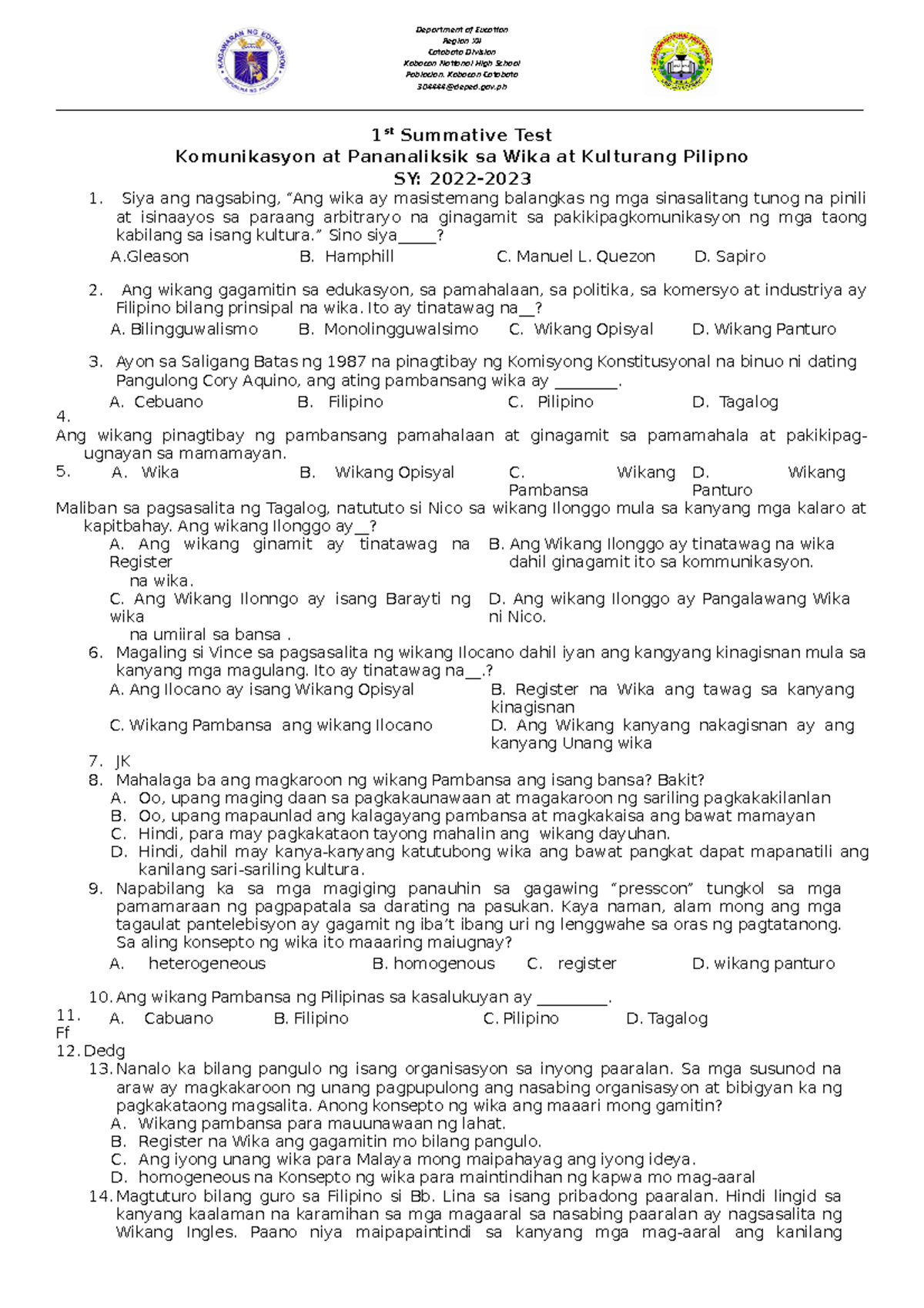 1ST Summative - Examination - - Studocu