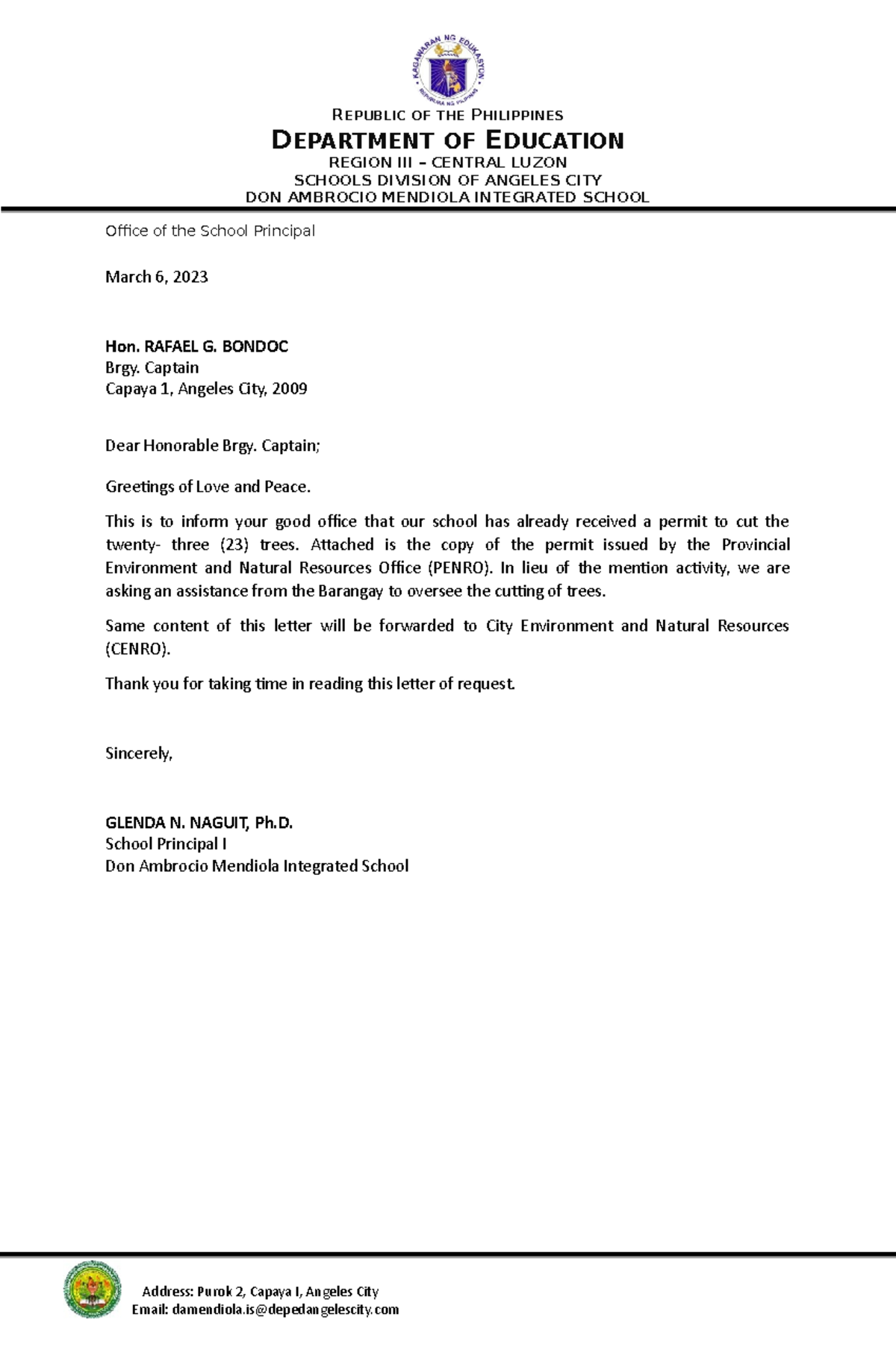 Request for Assistance on Tree Cutting Permit - Brgy. Captain Letter ...