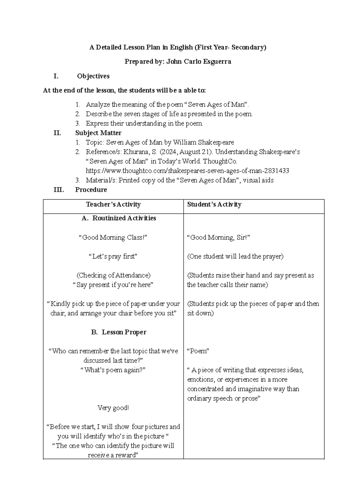 DLP ENG 1: Lesson Plan on Shakespeare’s "Seven Ages of Man" - Studocu