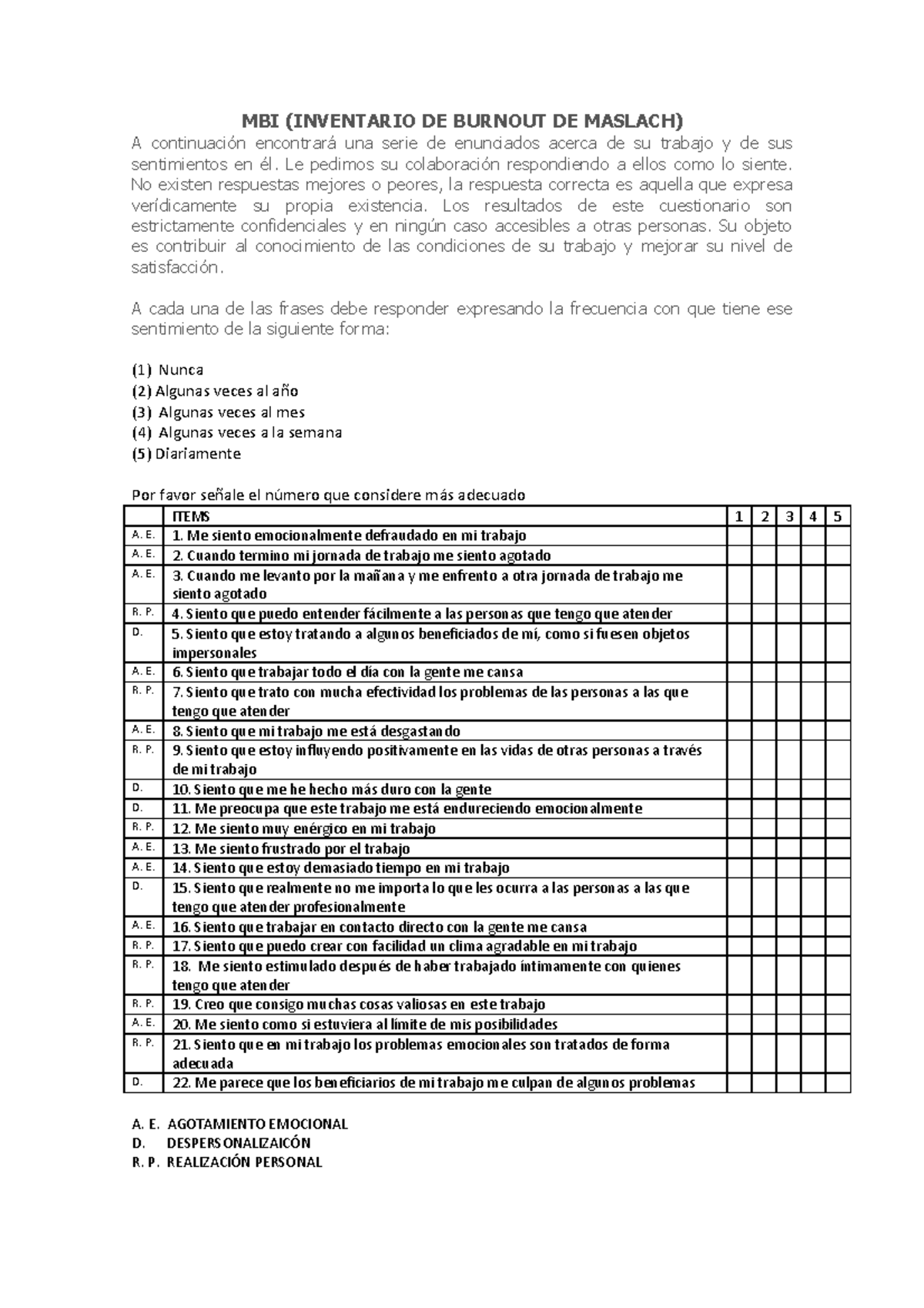 MBI (INVENTARIO DE BURNOUT DE MASLACH) - Cuestionario de Evaluación ...