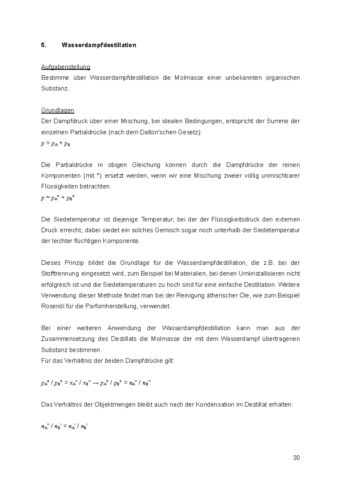 Wasserdampfdestillation zur Bestimmung der Molmasse - Praktikum - Studocu