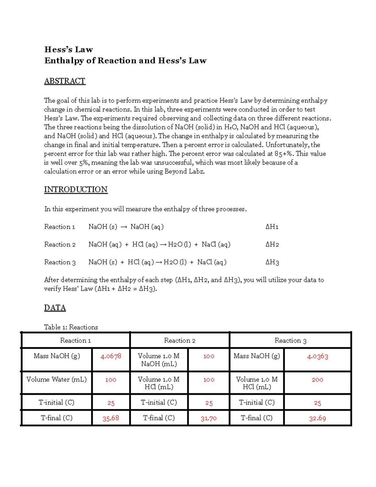 Hess's Law Lab Worksheet - Hess’s Law Enthalpy of Reaction and Hess's ...