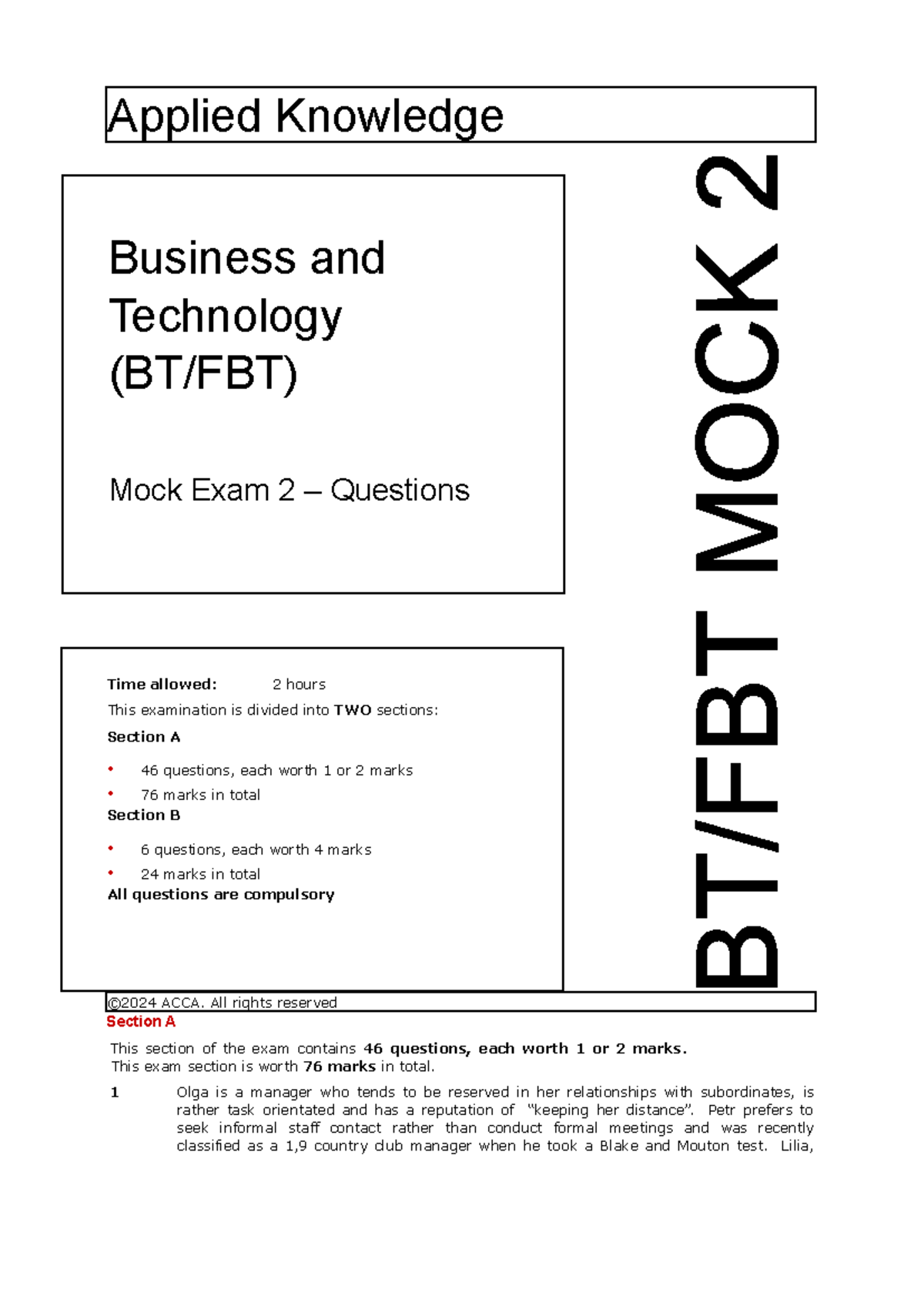 ACCA Applied Knowledge in Business & Technology Mock Exam 2 Guide - Studocu