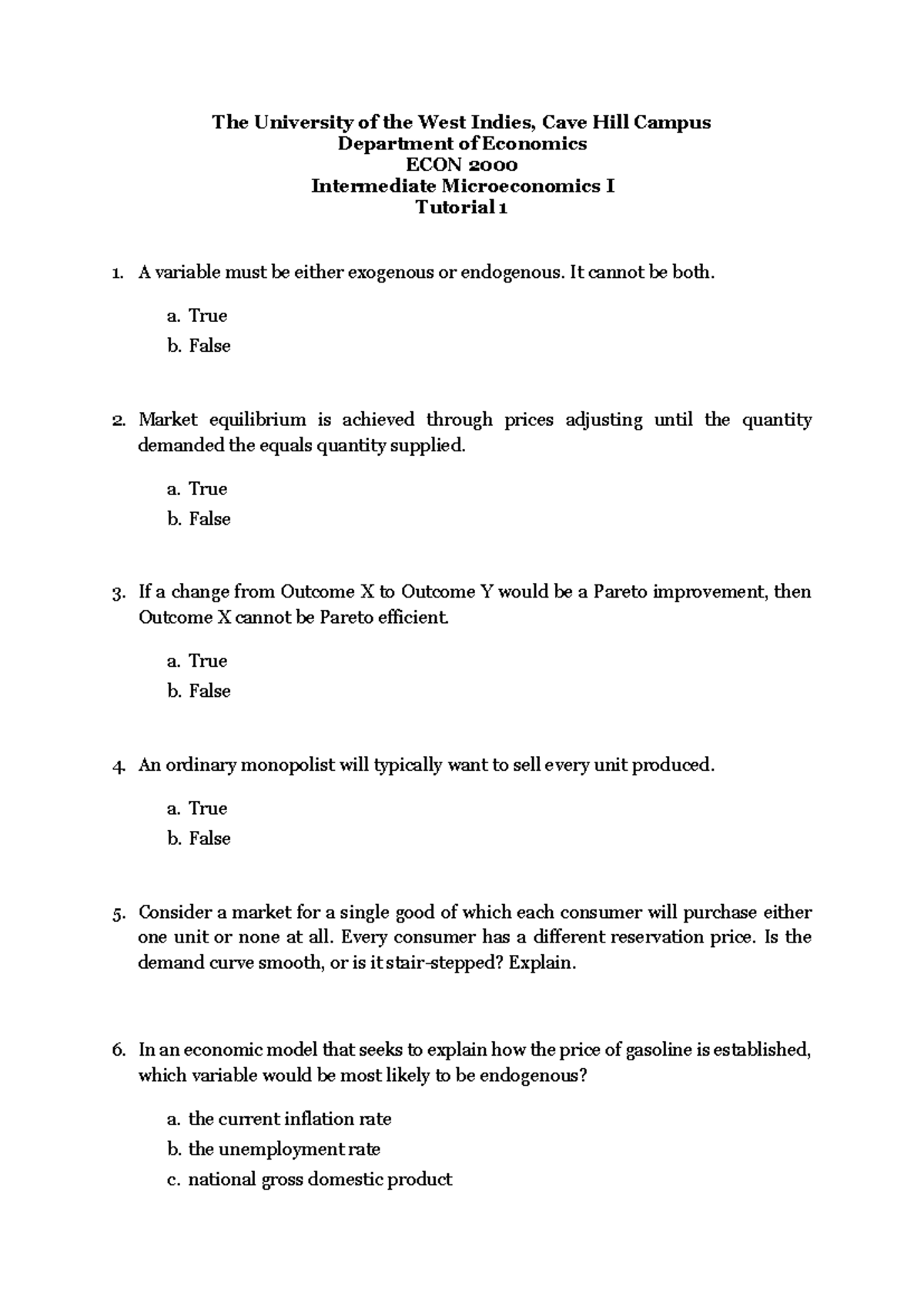 ECON 2000 - Intermediate Microeconomics I Tutorial 1 Questions and ...