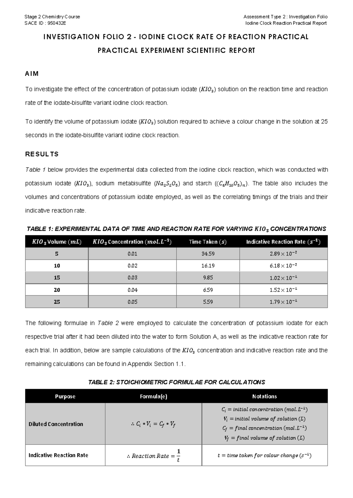 Stage 2 Chemistry SACE 950432E: Iodine Clock Reaction Investigation ...