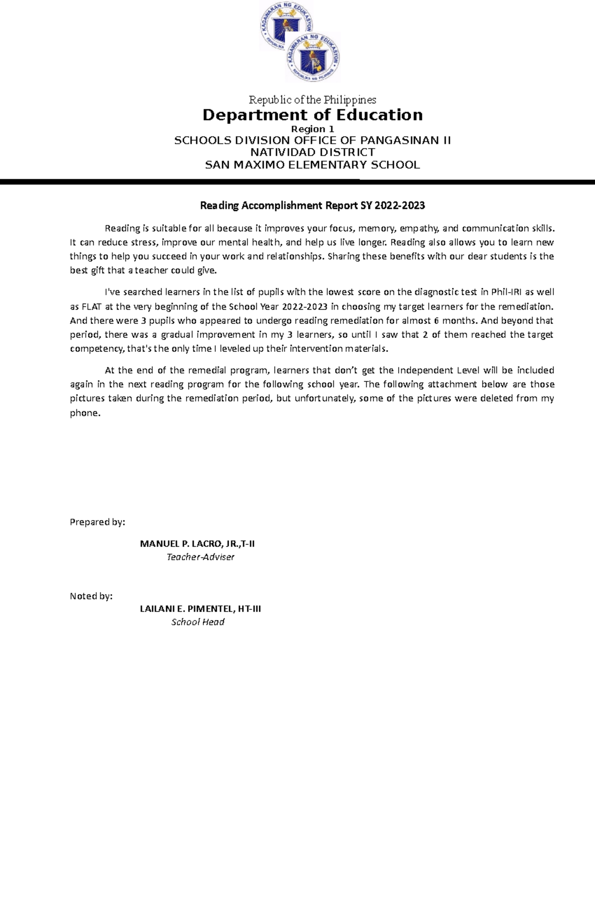 SY 2022-2023 Reading Accomplishment Report and Remediation Outcomes ...