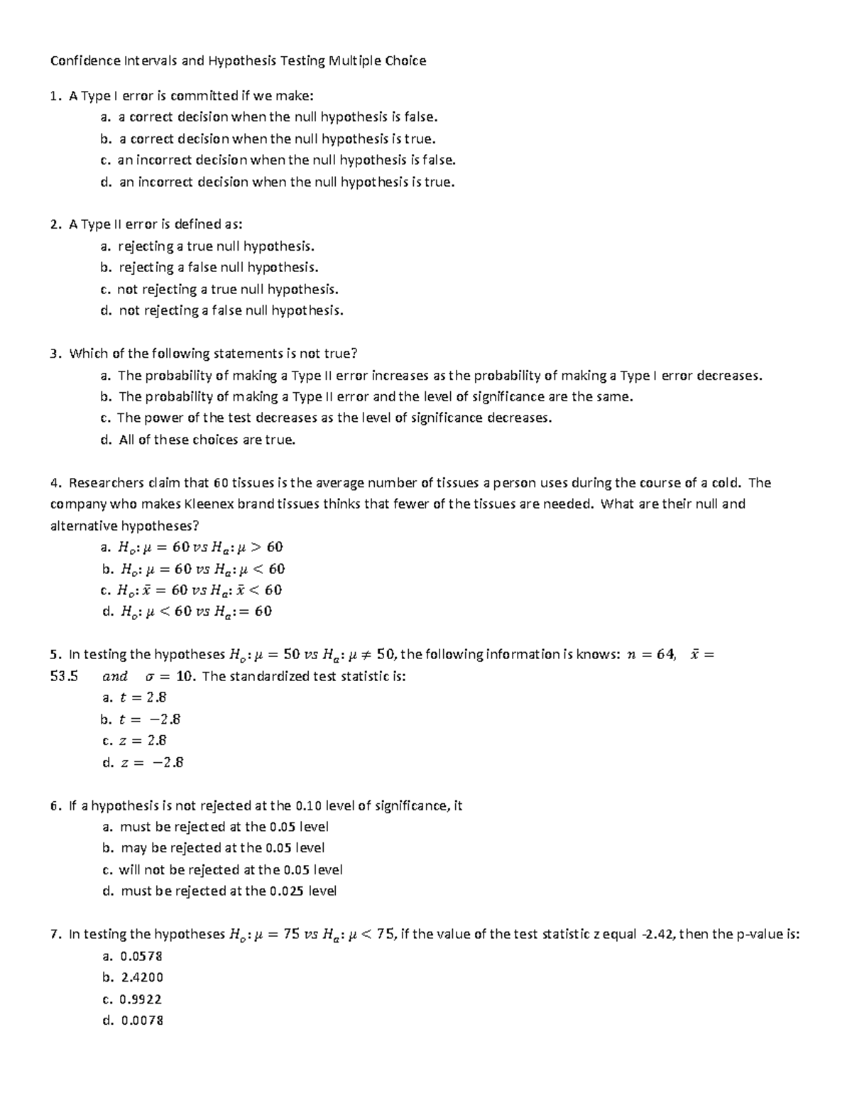 Confidence Intervals and Hypothesis Testing MC Questions - Studocu