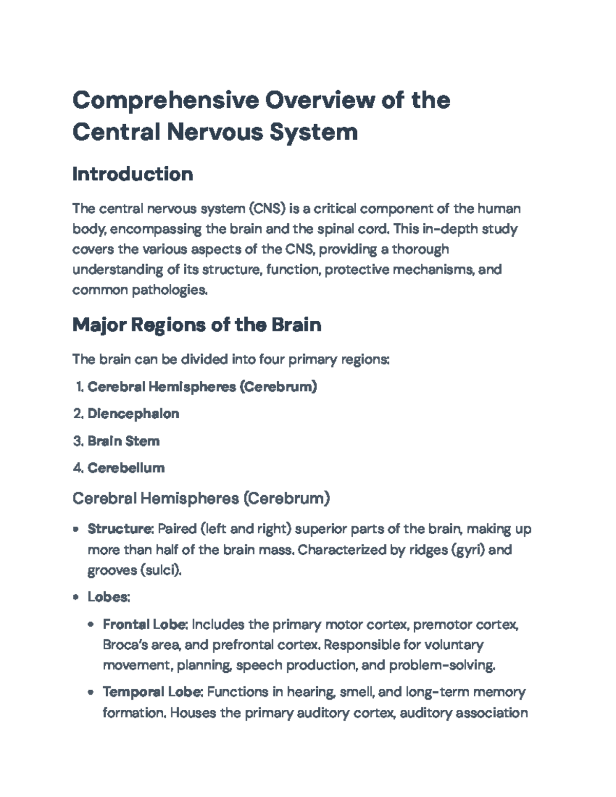 Comprehensive CNS Overview: Structure, Function, and Pathologies ...