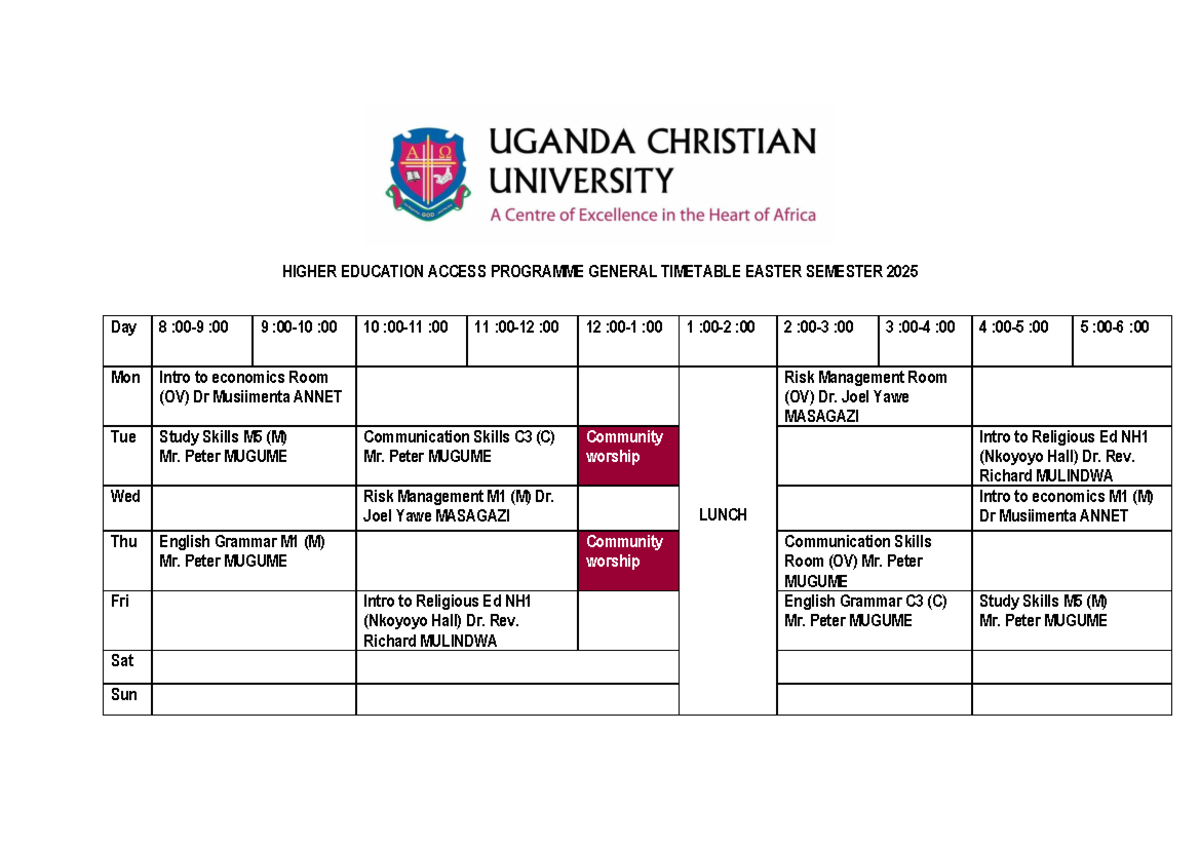 HEAP General Timetable: Easter Semester 2025 - Studocu