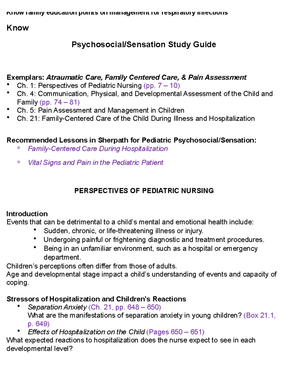 PEDS 158: Study Guide for Pediatric Nursing Management of Respiratory ...