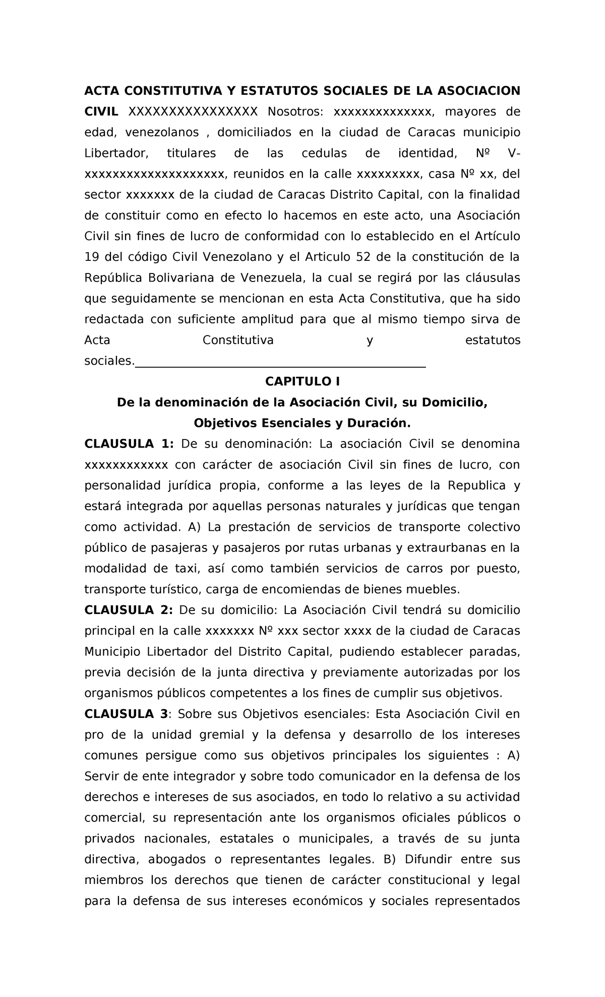 Acta Constitutiva y Estatutos Sociales de la Asociación Civil XXXXXX - Studocu