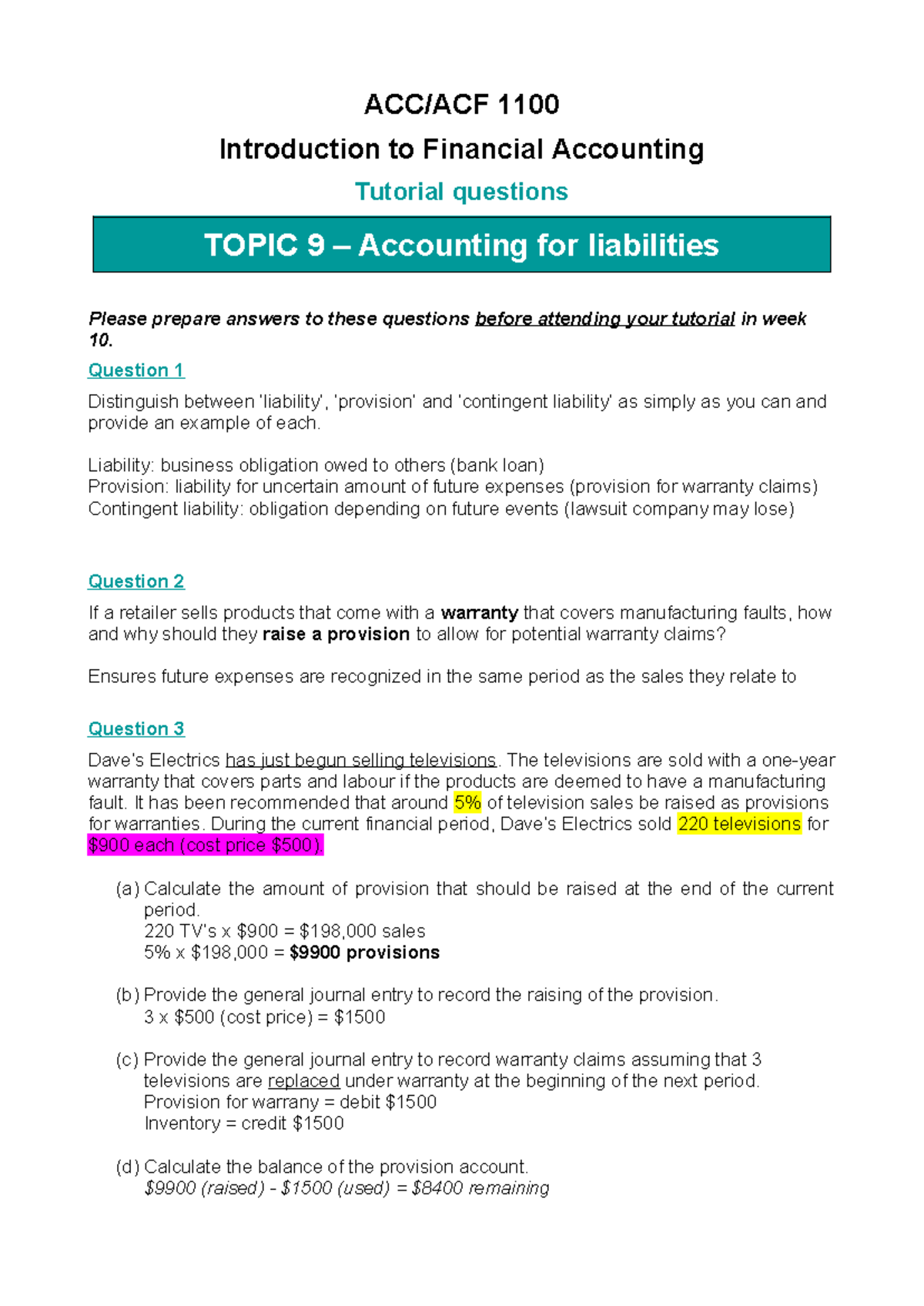 ACF 1100 Week 10 Tutorial Questions: Accounting for Liabilities - Studocu
