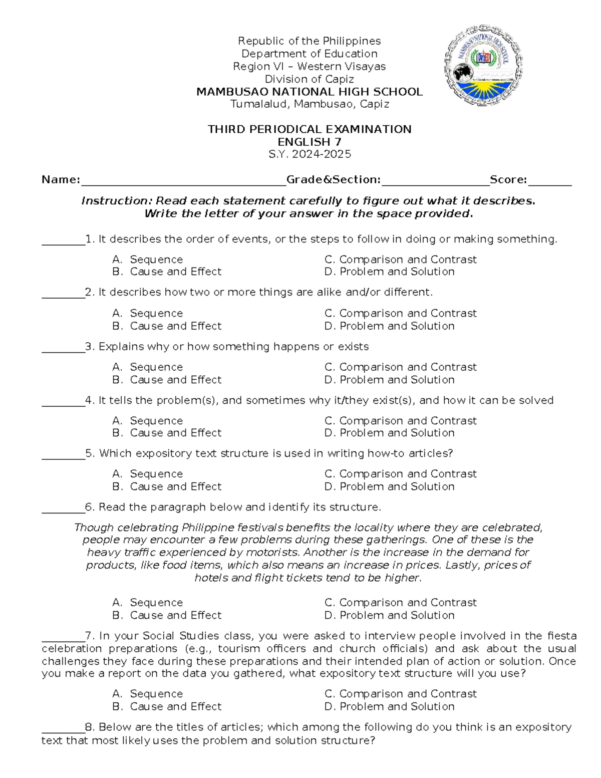 3RD Periodical Exam Review for English 7 - Studocu