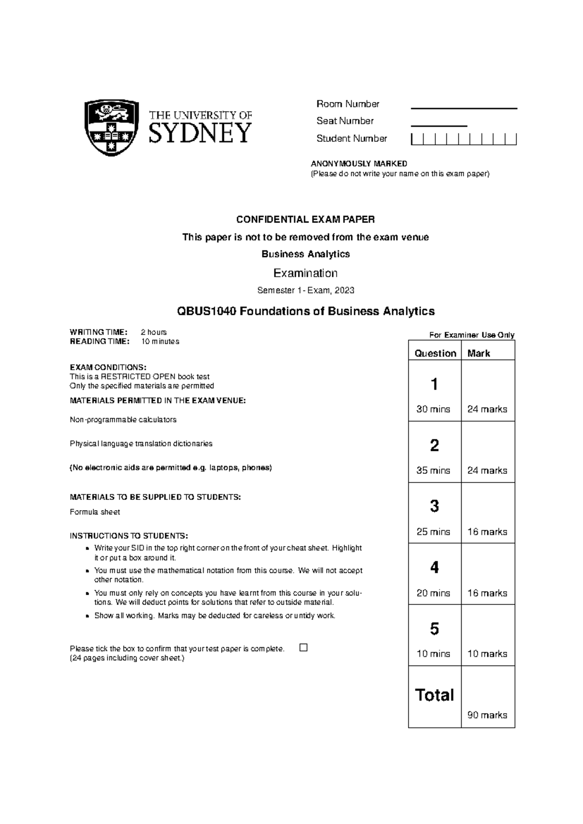 QBUS1040 Business Analytics Exam Semester 1, 2023 - Final Paper - Studocu