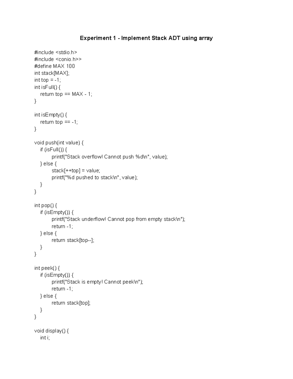 Exp1 - Implementing Stack ADT Using Array in Data Structures - Studocu
