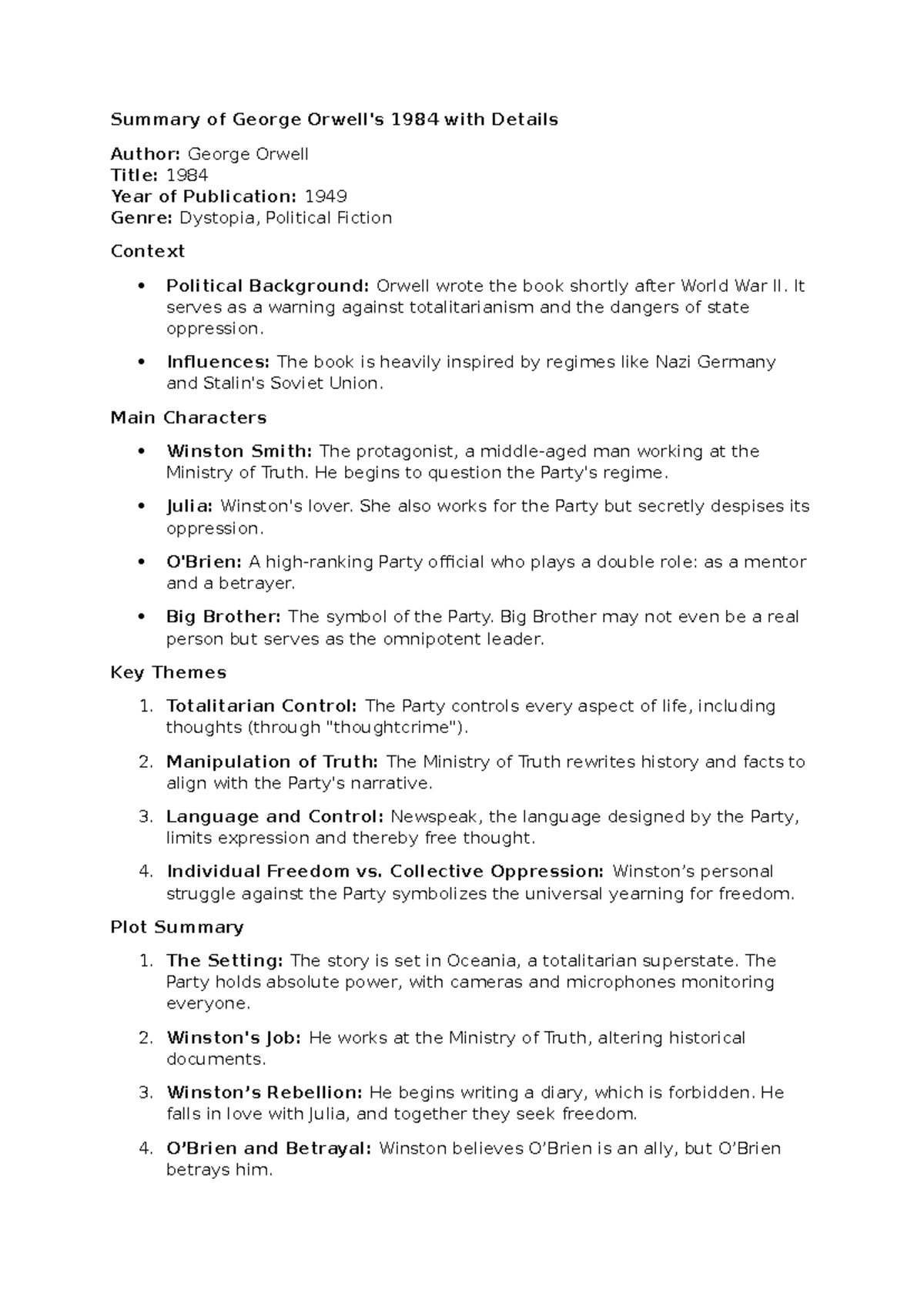 Summary of George Orwell's 1984: Key Themes and Analysis - Studeersnel