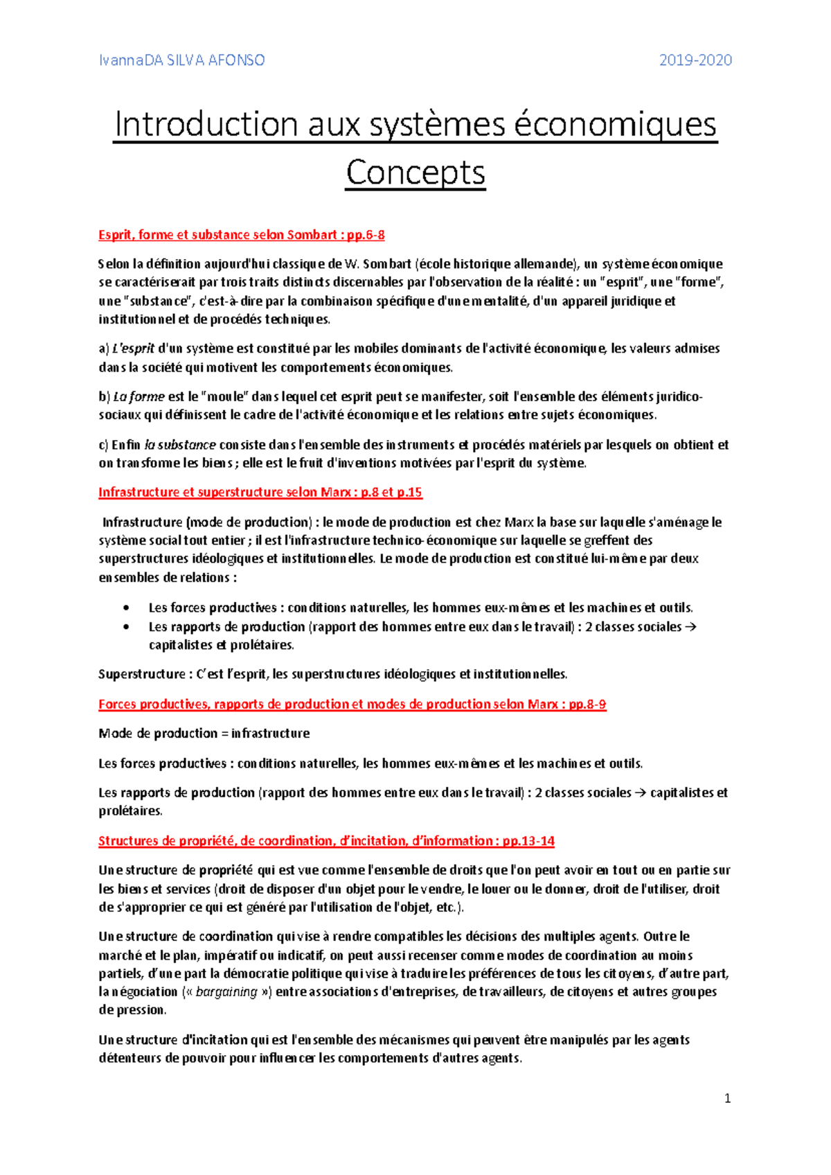 Concepts - Intro aux Systèmes Économiques: Sombart, Marx et Plus - Studocu