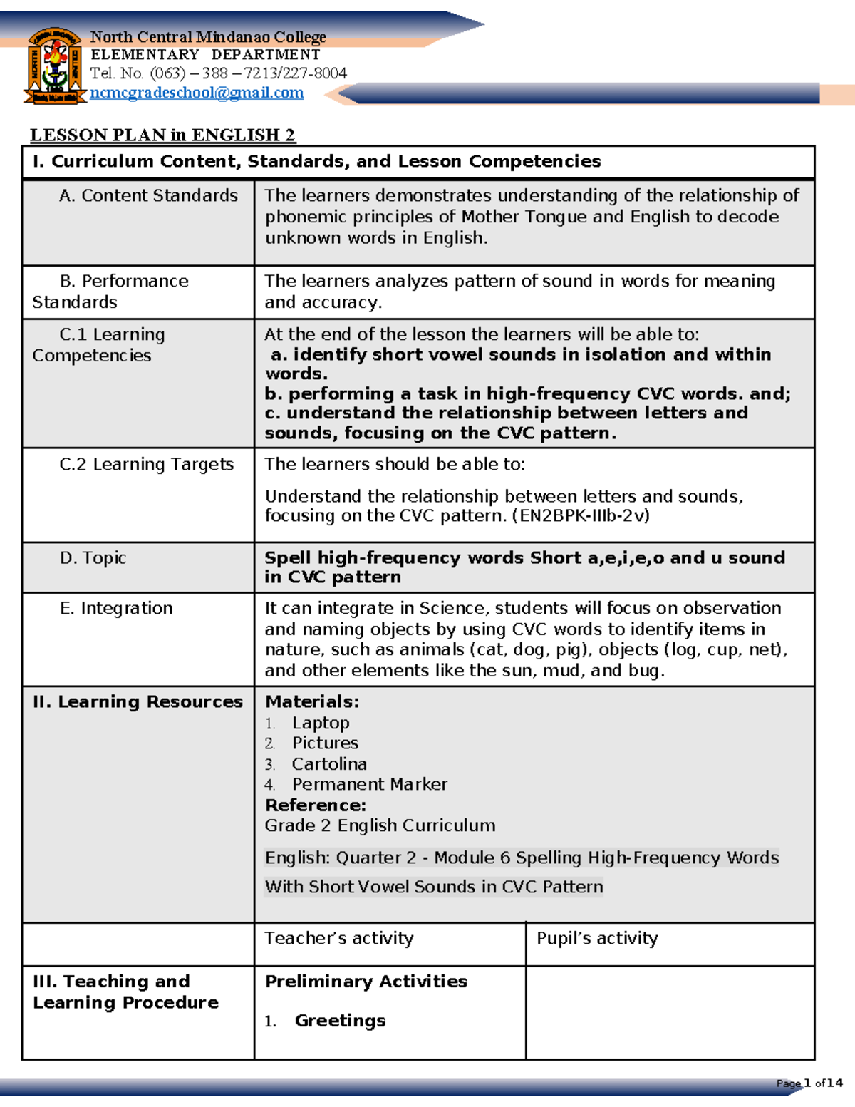 DLP- English 2 Lesson Plan: Short Vowel Sounds in CVC Pattern - Studocu