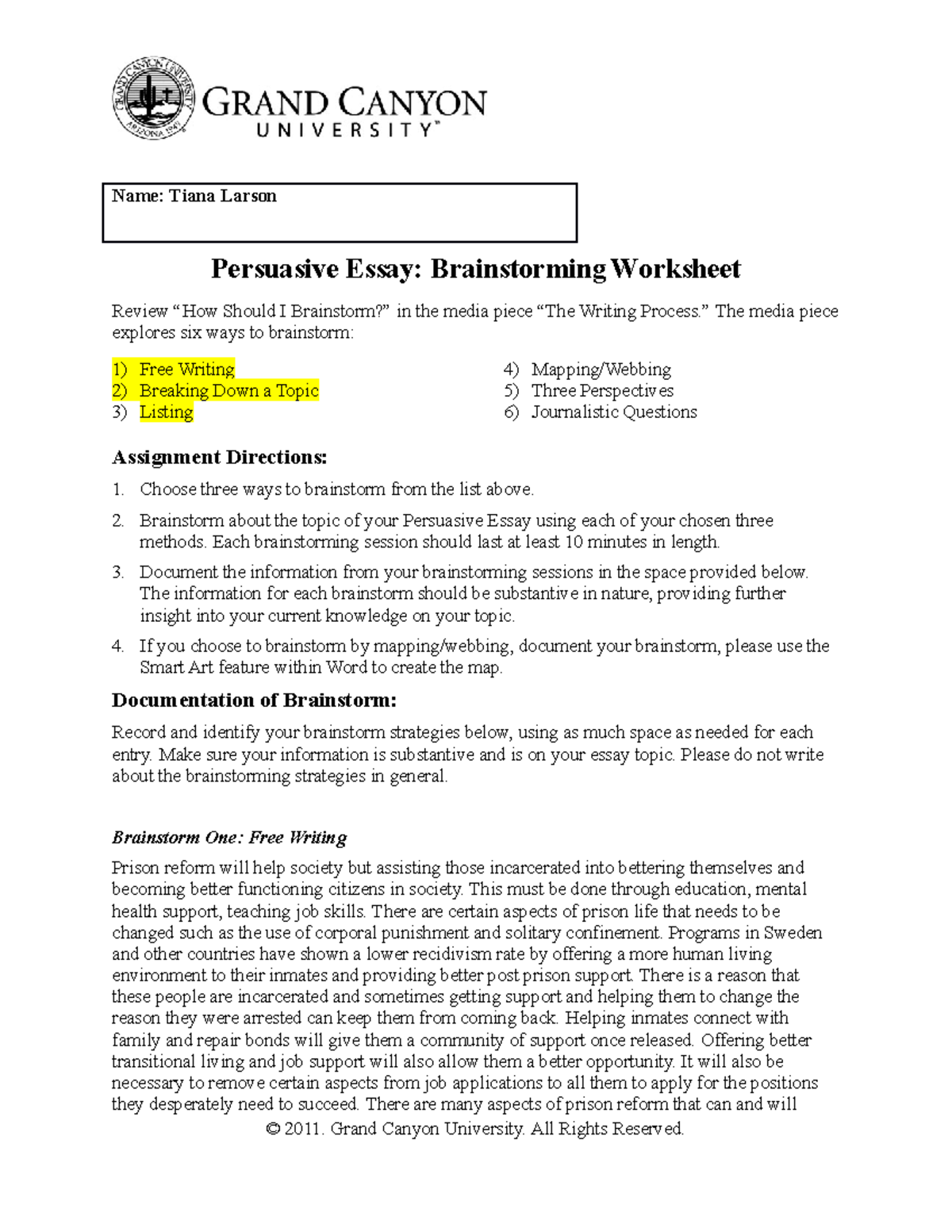 PHI-105 T-2 Brainstorming Worksheet 7-10-17-1 - Name: Tiana Larson ...