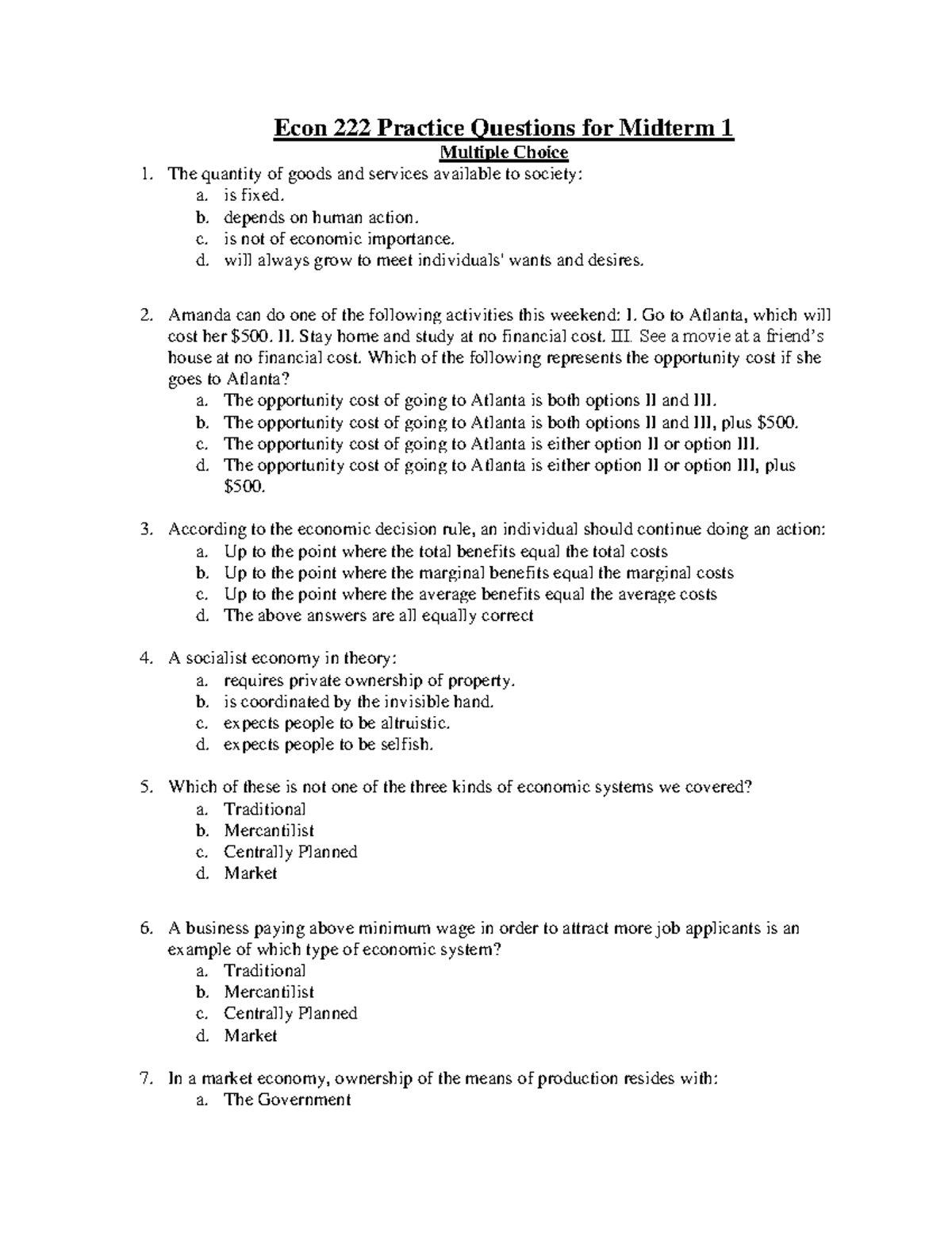 Econ 222 Midterm 1 Practice Questions and Answers - Studocu