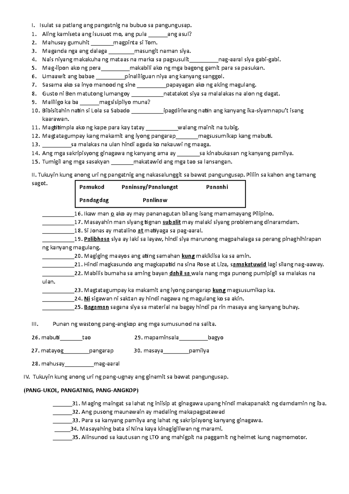 Grade 9 Quiz on Pang-ugnay and Pangatnig Usage - Studocu