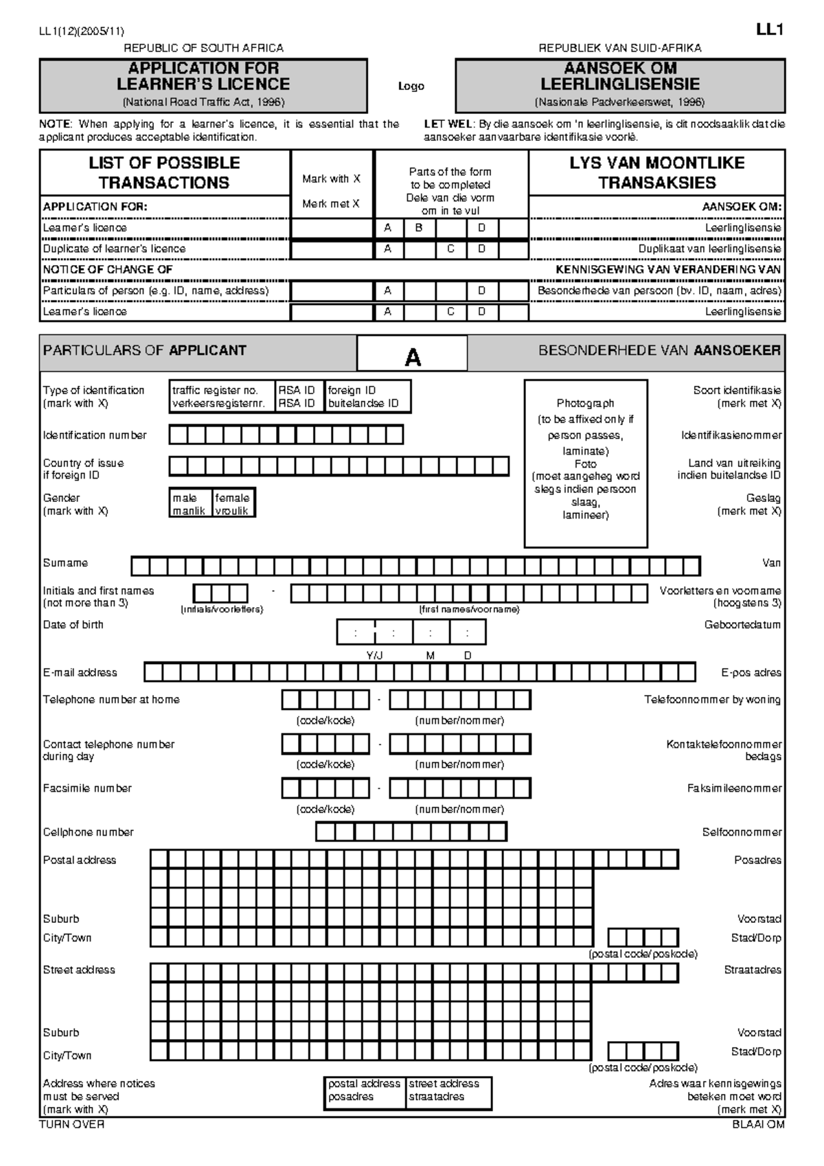 LL1: Application for Learner's Licence Form (2005/11) - Studocu