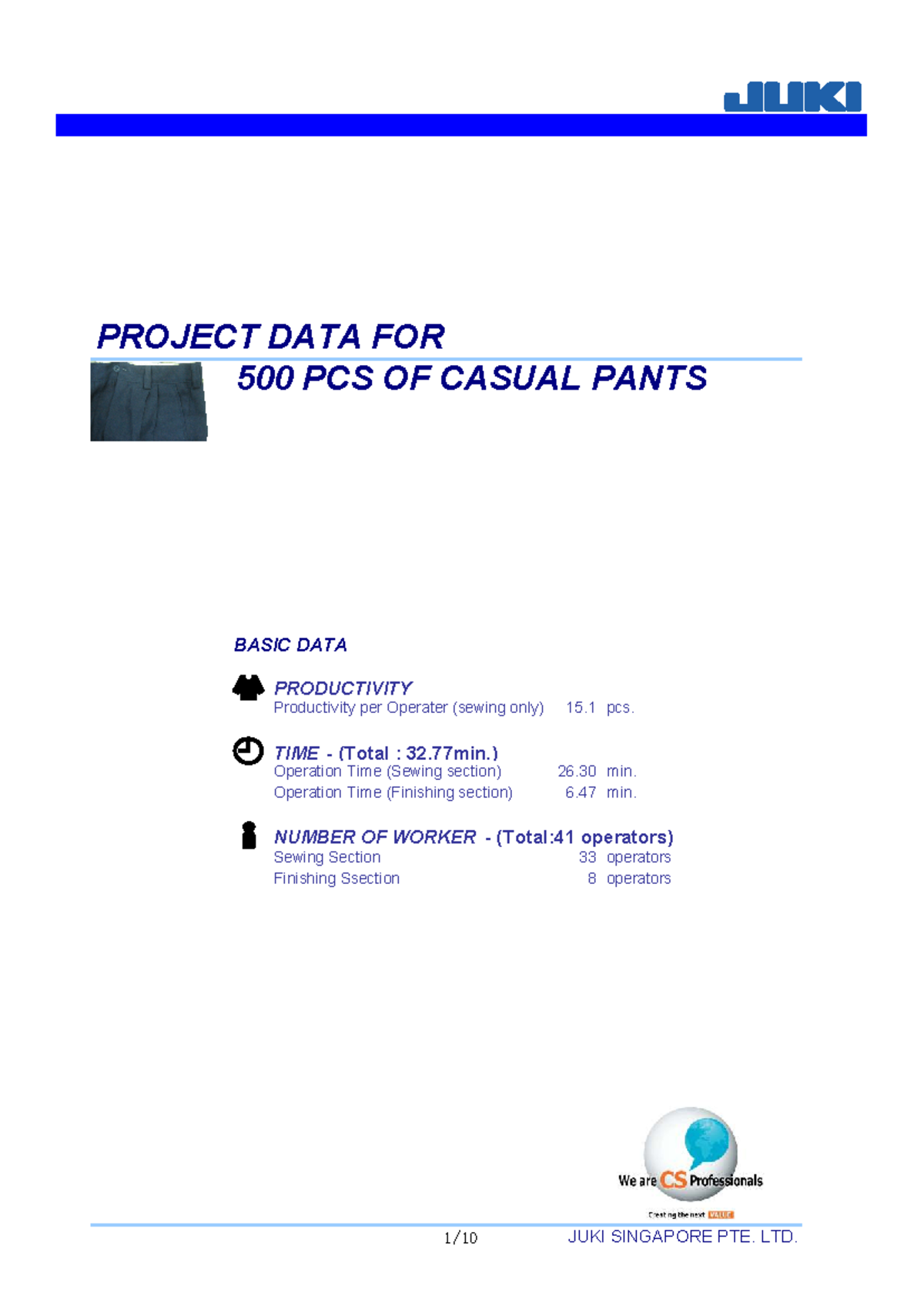 PROJECT DATA FOR 500 PCS CASUAL PANTS - PRODUCTIVITY ANALYSIS - Studocu