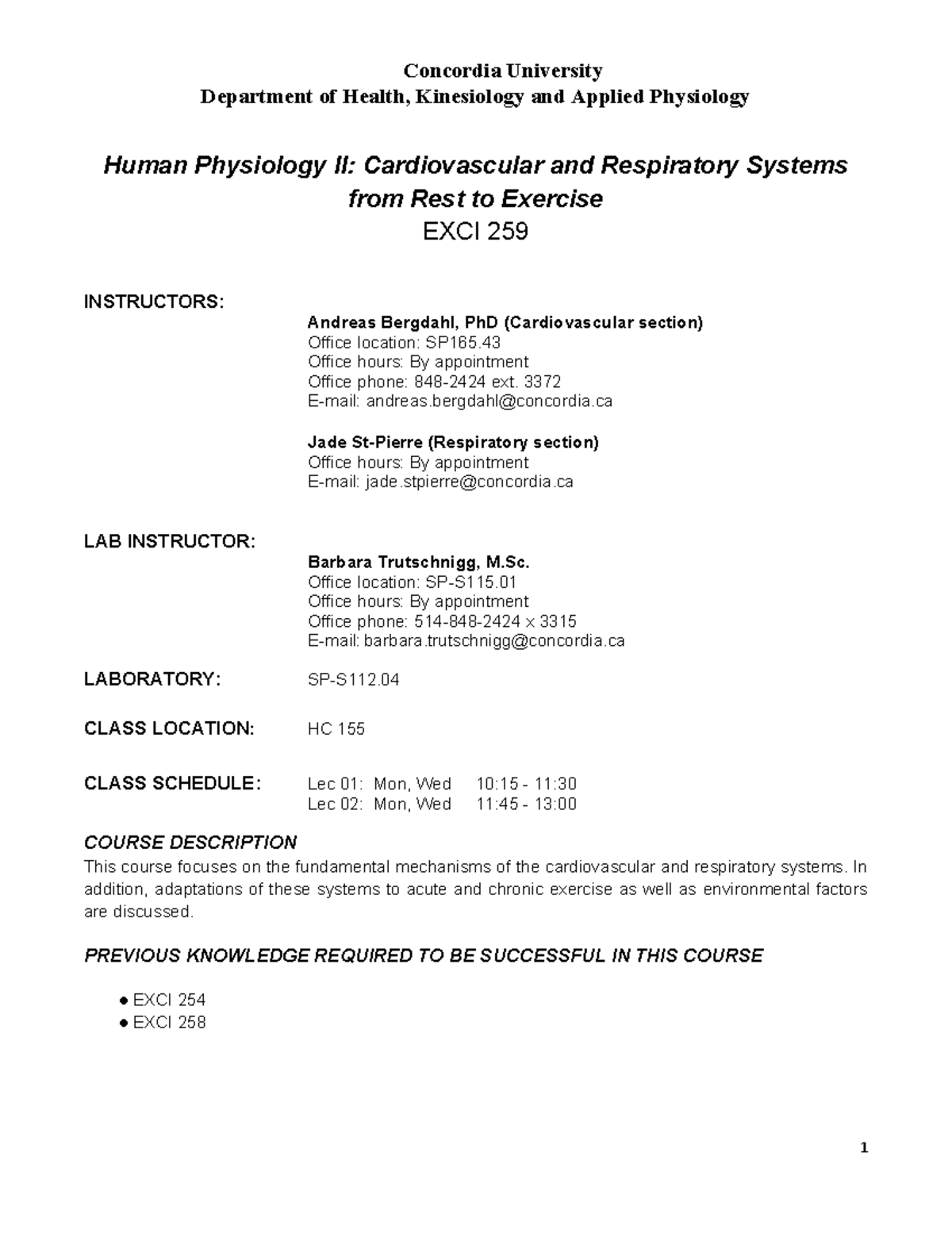 EXCI 259 Course Outline: Human Physiology II - Cardiovascular ...