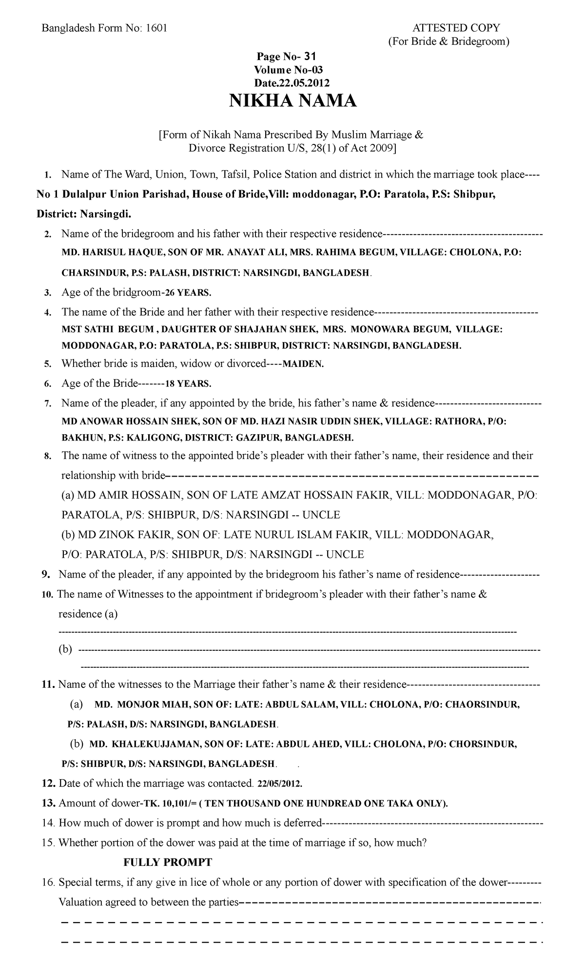 Nikah Nama for Marriage Registration - Bangladesh Form No. 1601 - Studocu