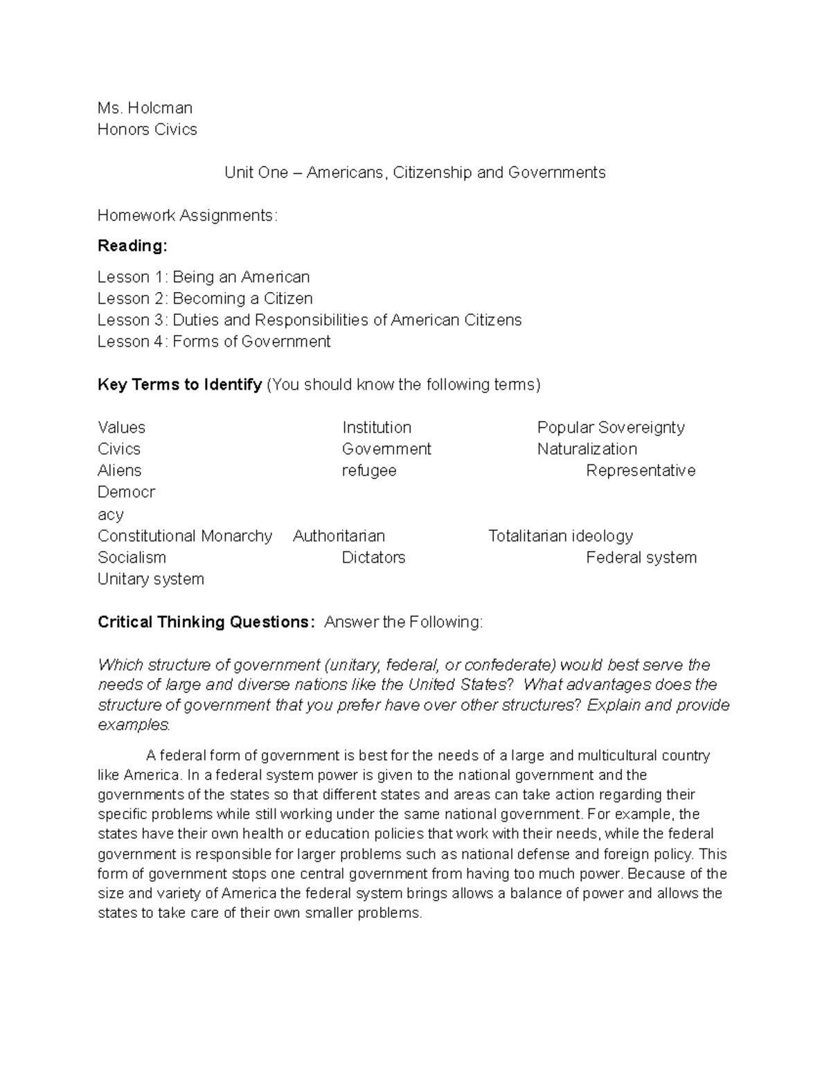 Civics 101: Unit 1 - Americans, Citizenship & Government Homework - Studocu