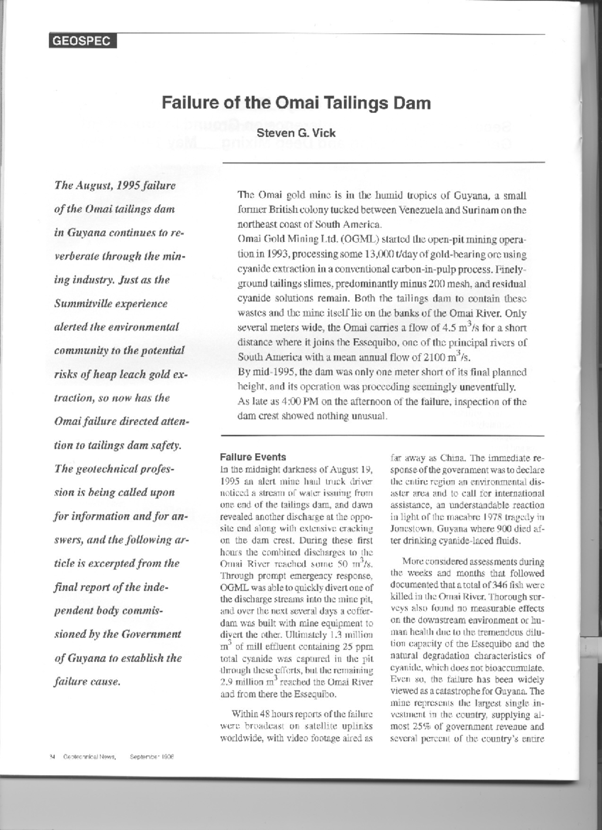 GEOSPEC Case Study: Analysis of the Omai Tailings Dam Failure - Studocu