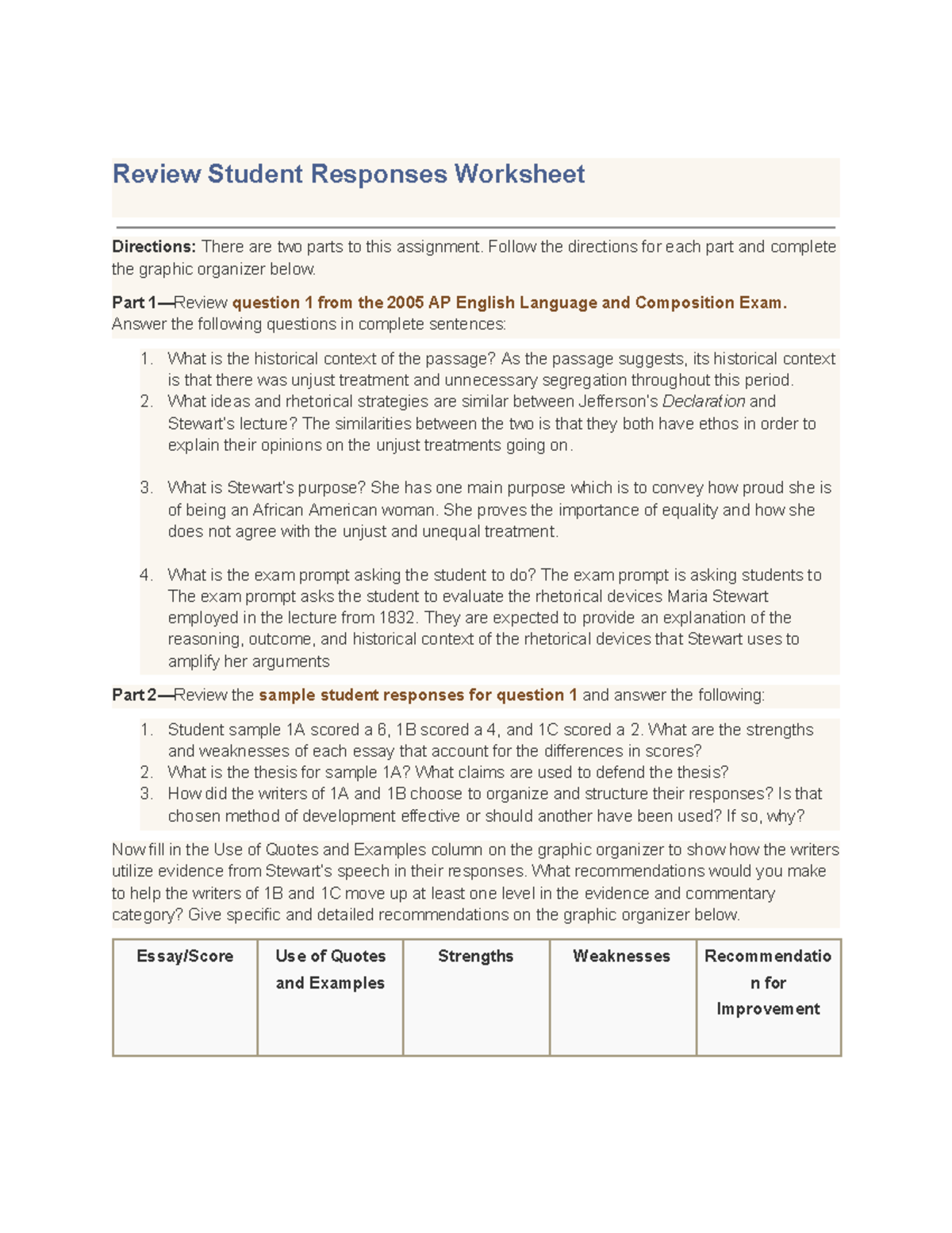 AP English 2005: Review of Student Responses Worksheet & Analysis - Studocu