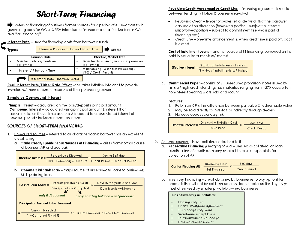 Short-term Financing: Revolving Credit vs Credit Line Agreements - Studocu