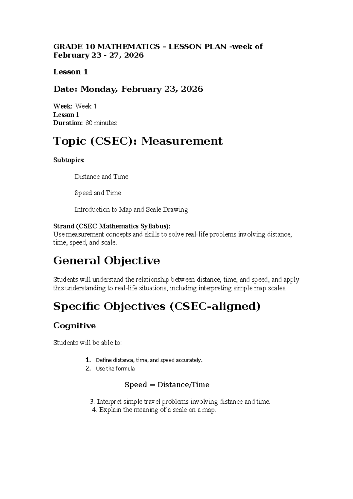 GRADE 10 MATHEMATICS LESSON PLAN: Measurement & Graphs (Feb 23-27, 2026 ...