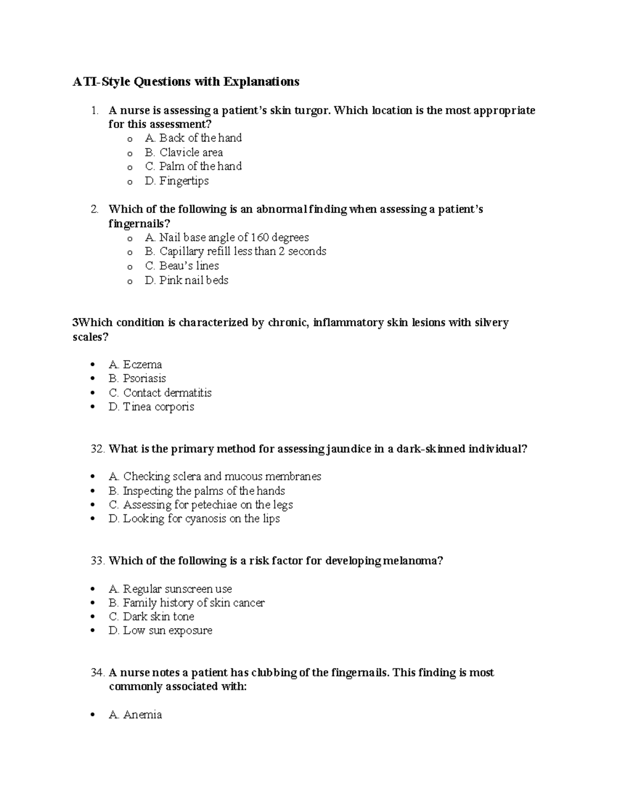 ATI Nursing Skin Assessment Questions and Explanations - Studocu