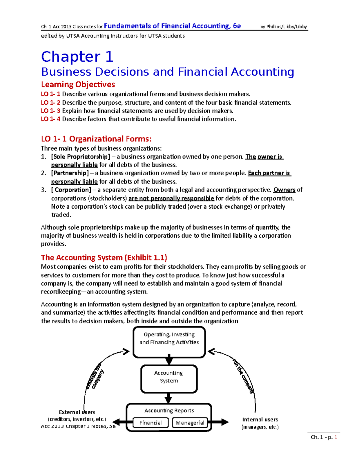 Chapter 1 Lecture Notes - Ch. 1 Acc 2013 Class notes for Fundamentals ...