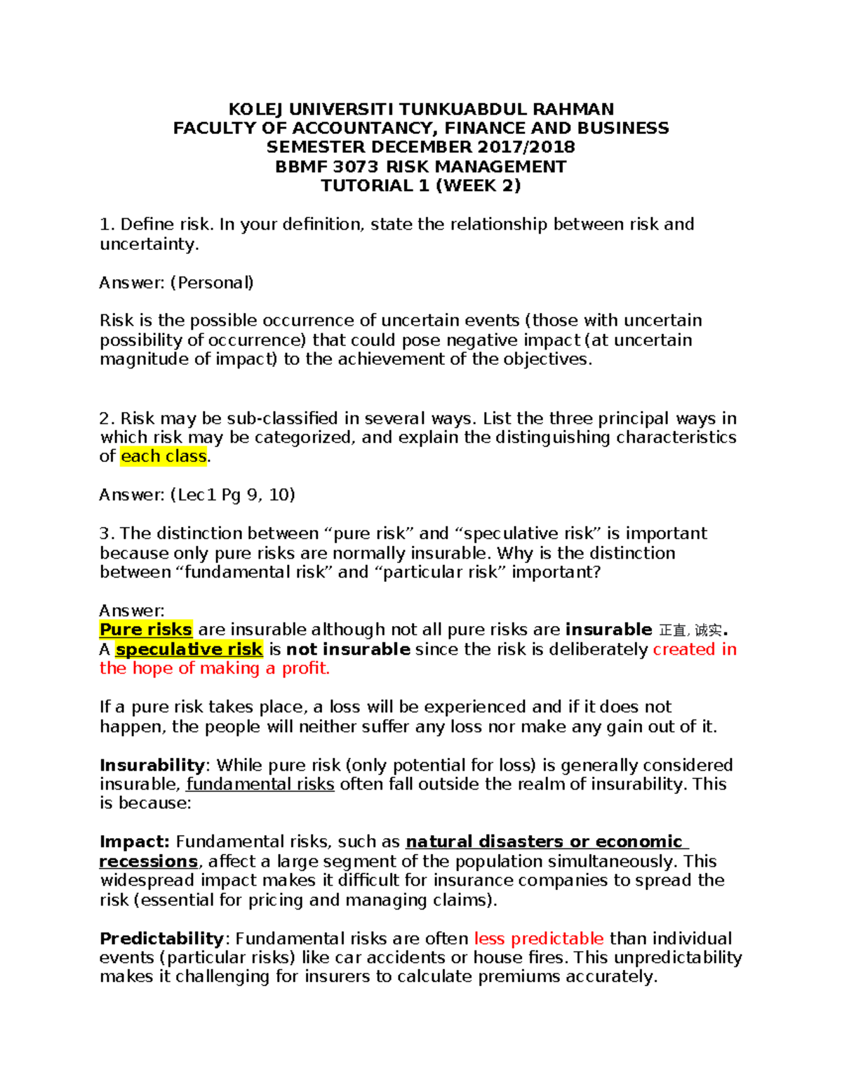 BBMF 3073 Risk Management Tutorial 1: Understanding Risk and Hazards ...