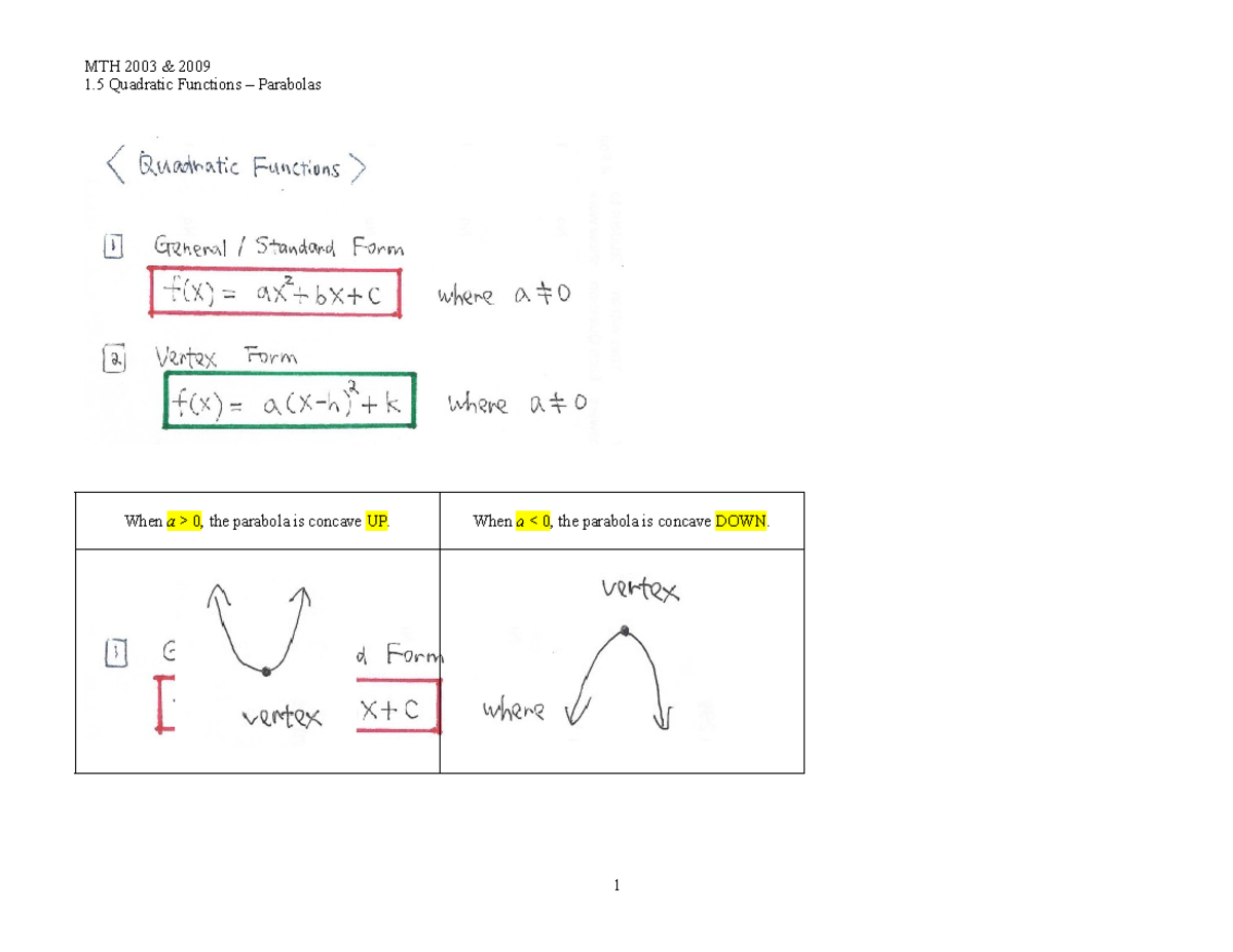 MTH 2003 & 2009 - Quadratic Functions: Parabolas Overview and Exercises ...