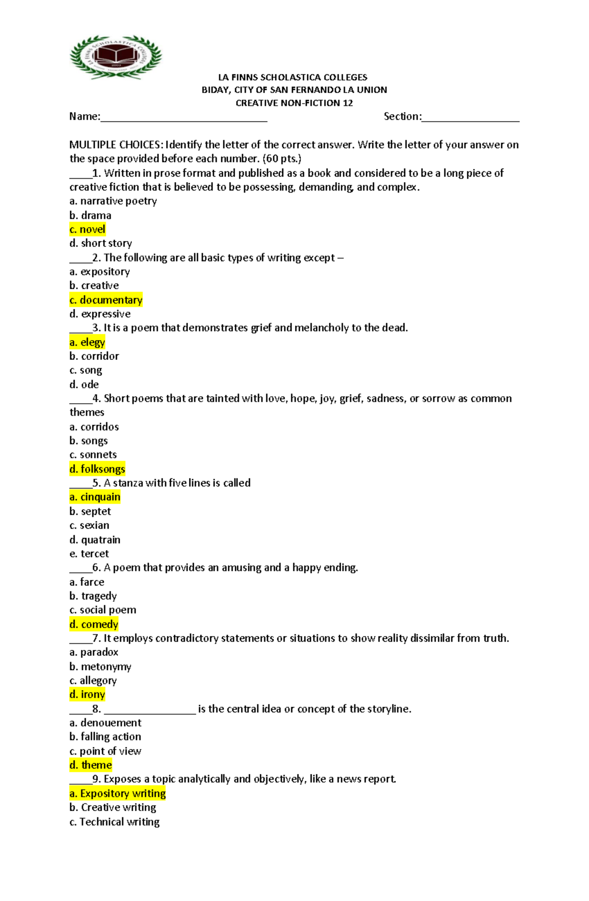 LA FINNS SCHOLASTICA COLLEGES CREATIVE 12 MULTIPLE CHOICE REVIEW - Studocu