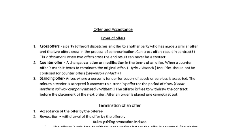 Offer and Acceptance: Types and Termination Notes (LAW101) - Studocu