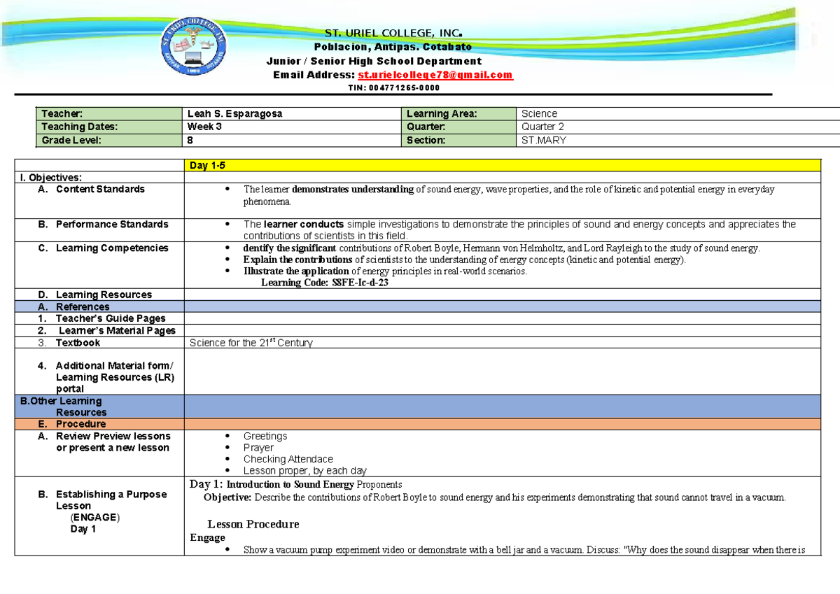 Quarter 2 Week 3 - Science Lesson Outline on Sound Energy - Studocu
