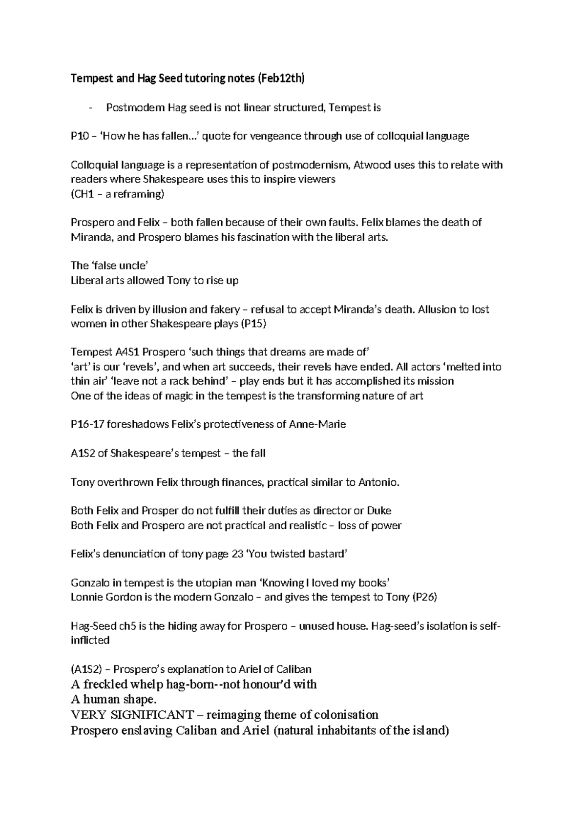 Tempest and Hag Seed Tutoring Notes (Postmodern Analysis) - Studocu