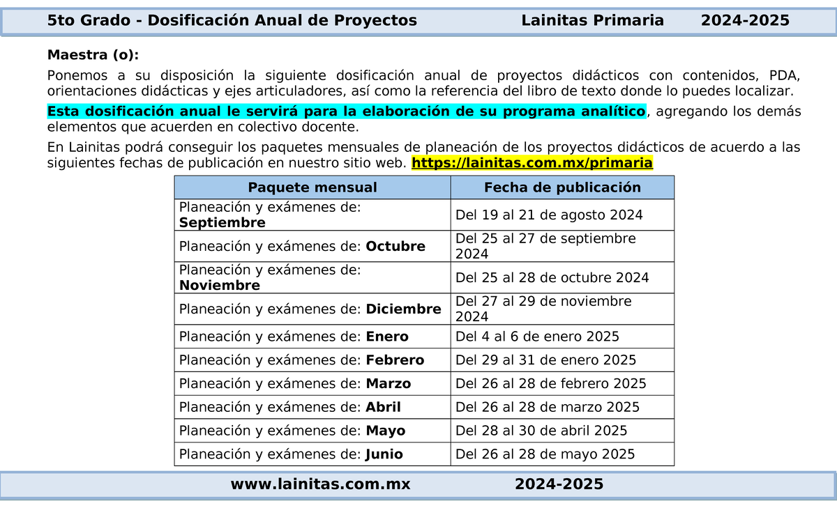 5to Grado - Dosificación Anual y Proyectos Didácticos 2024-2025 - Studocu
