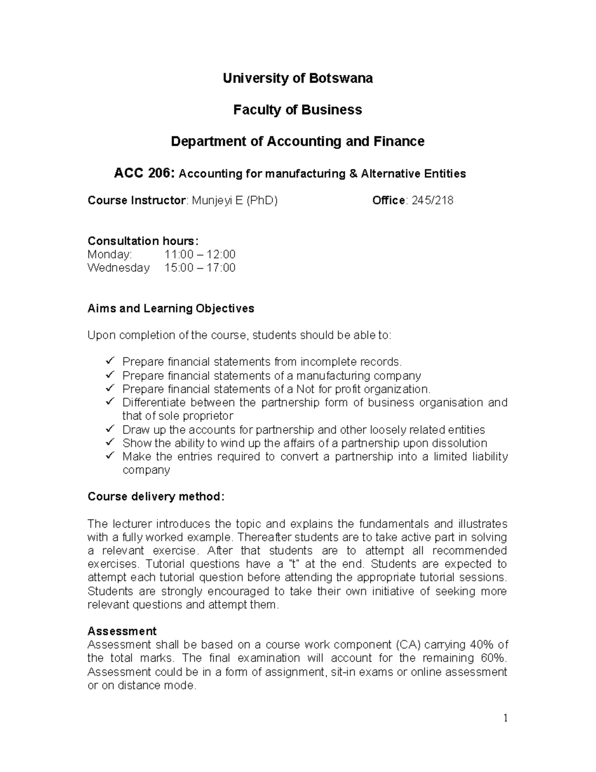 ACC 206: Course Outline for Accounting in Manufacturing & Entities ...